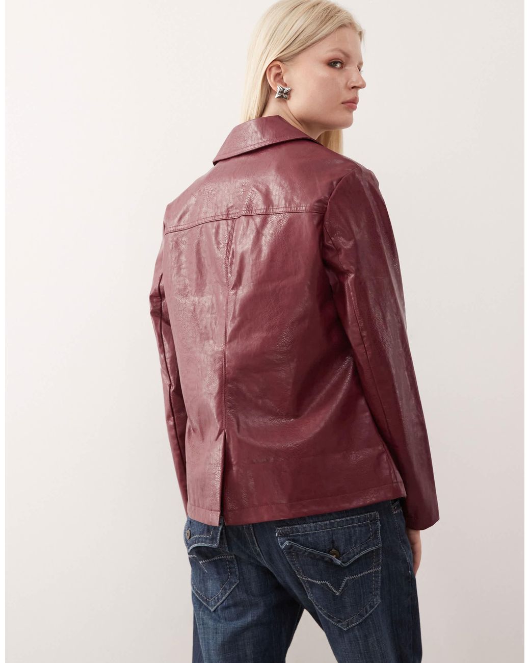 Reclaimed Vintage Washed Leather Look Slimmer Fit Blazer in Red | Lyst