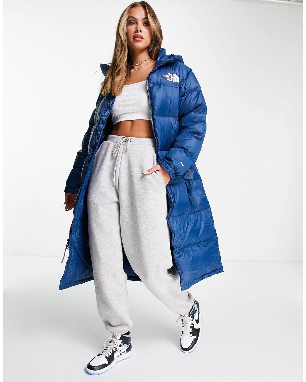 The North Face Nuptse Belted Long Puffer Coat in Blue | Lyst