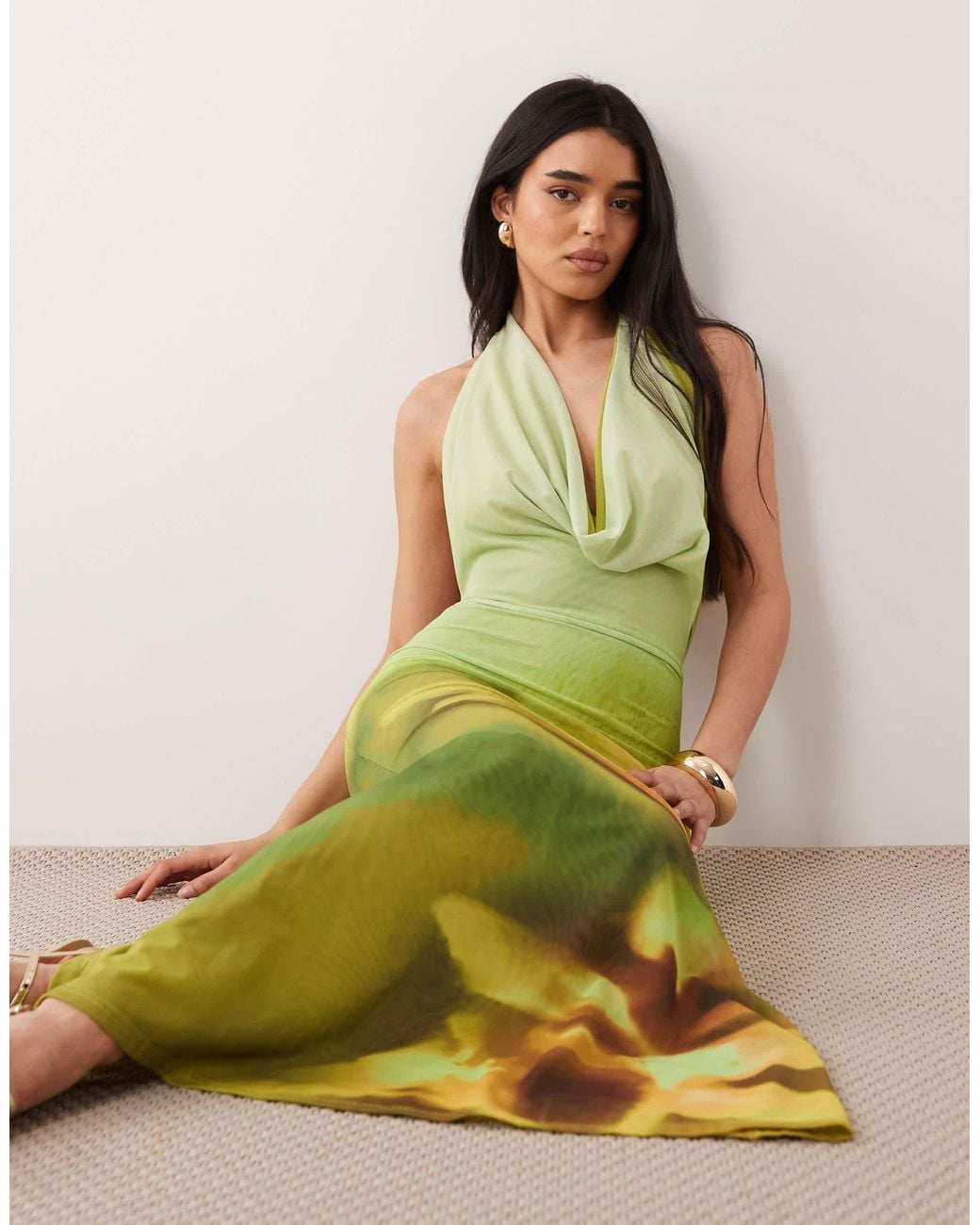Murci Mesh Cowl Halterneck Low Back Fishtail Maxi Dress in Green | Lyst