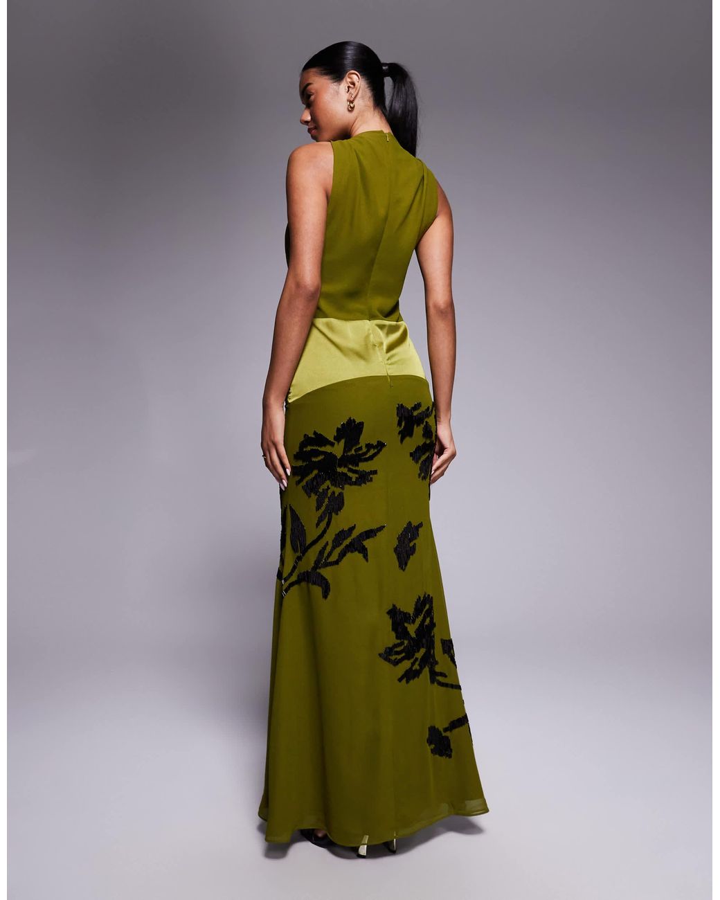 ASOS Shadow Floral Embellished Satin Panel Maxi Dress in Green | Lyst