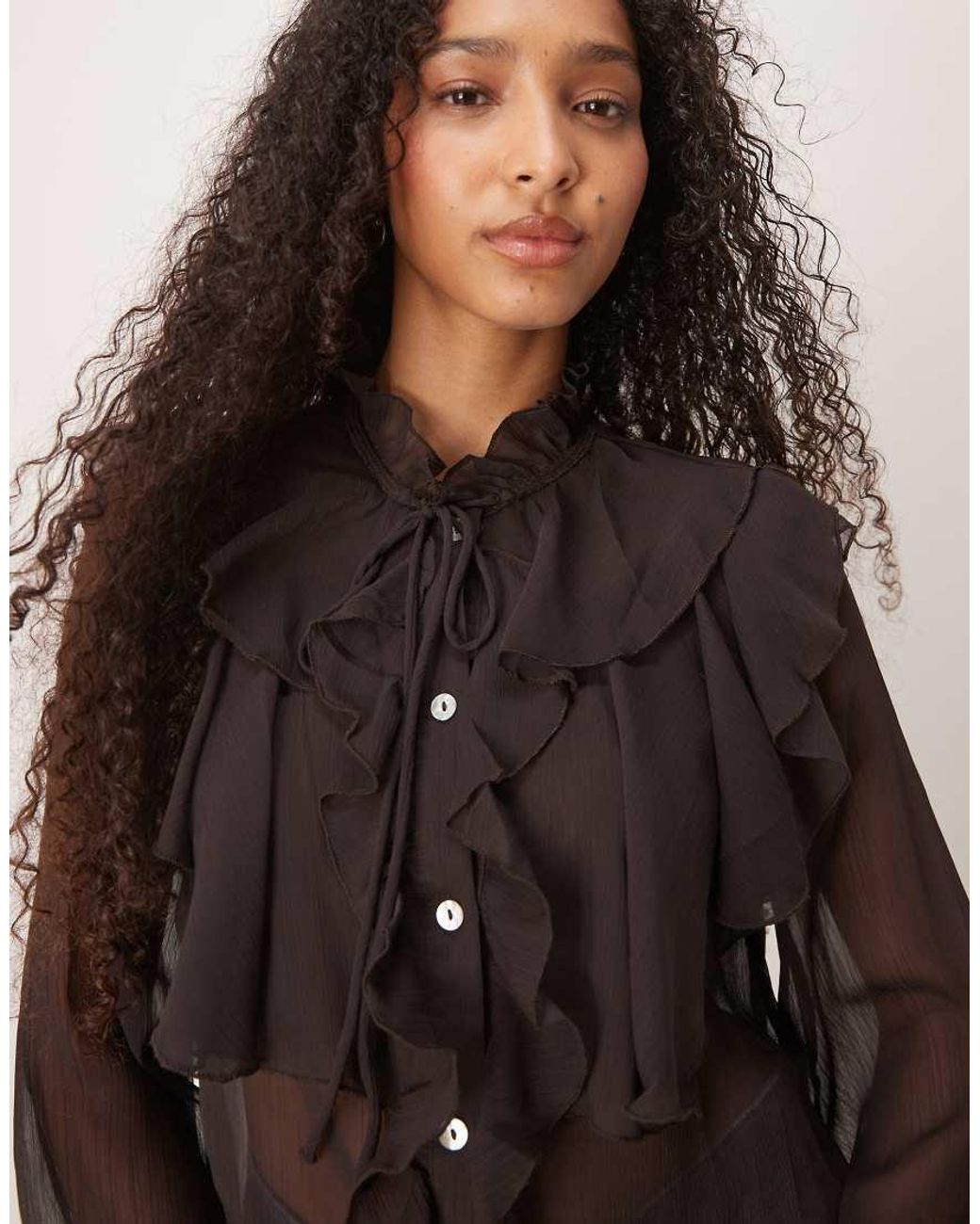 Glamorous Button Up Tie Front Ruffle Blouse in Brown | Lyst UK