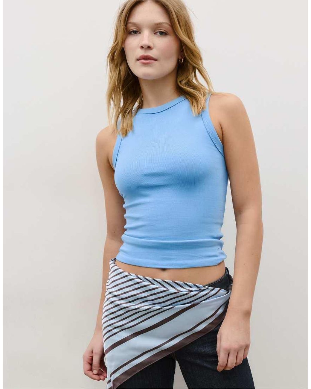 Stradivarius Basic Fitted Top in Blue | Lyst UK