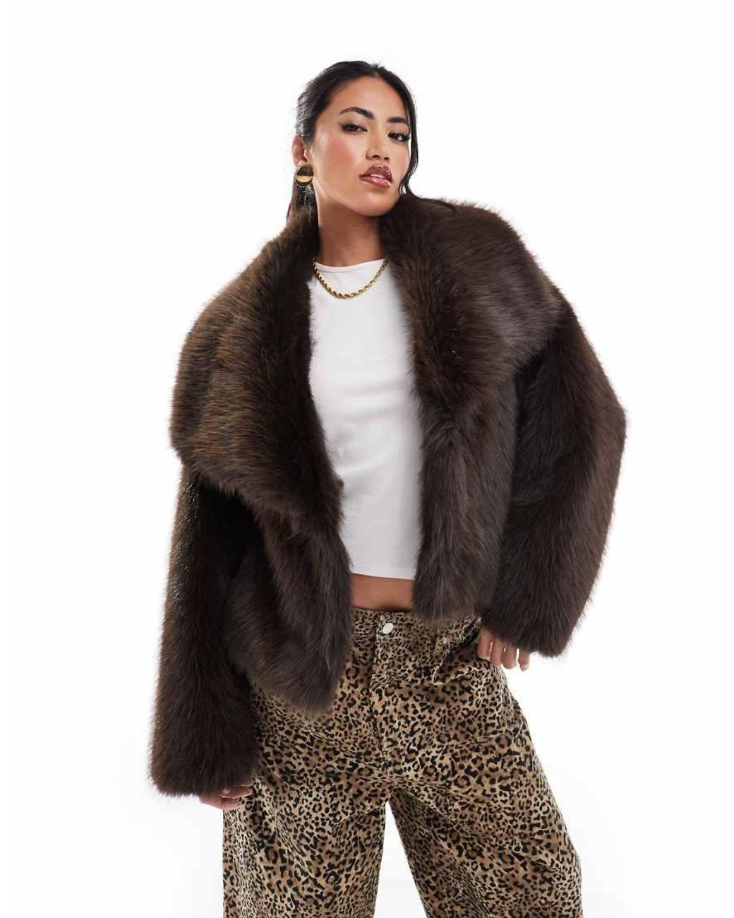 ASOS Cropped Faux Fur Jacket in Brown | Lyst UK