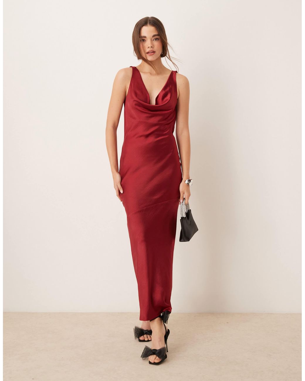 Gina Tricot Cowl Neck Low Back Satin Bias Cut Maxi Dress in Red | Lyst