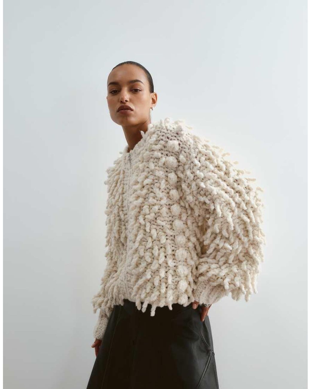 ARRANGE Wool Heavy Knit Loopy Jacket in Natural | Lyst UK
