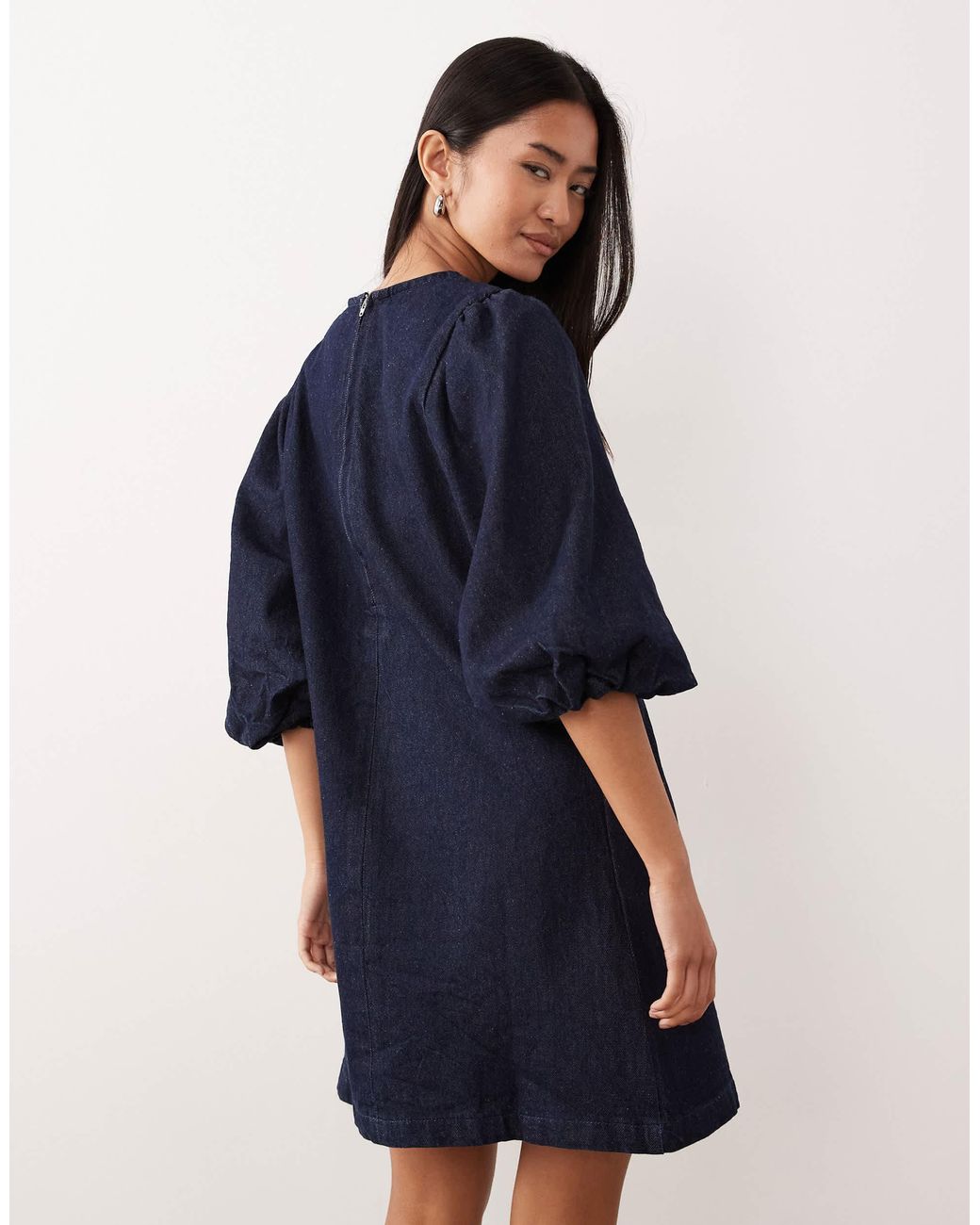 ASOS Denim Mini Dress With Puff Sleeve Detail in Blue | Lyst