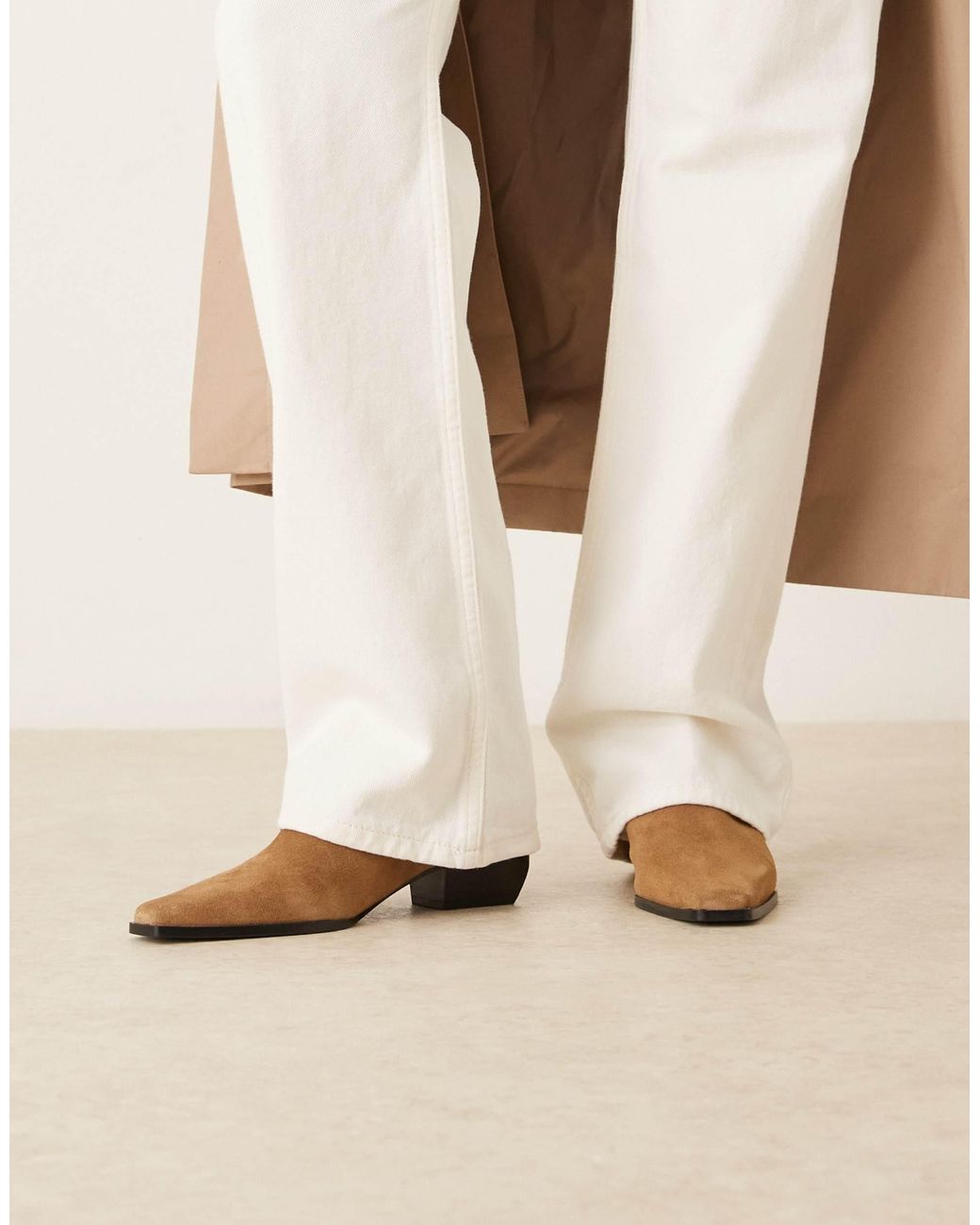 Mango Suede Square Toe Low Heeled Western Ankle Boot in Natural | Lyst