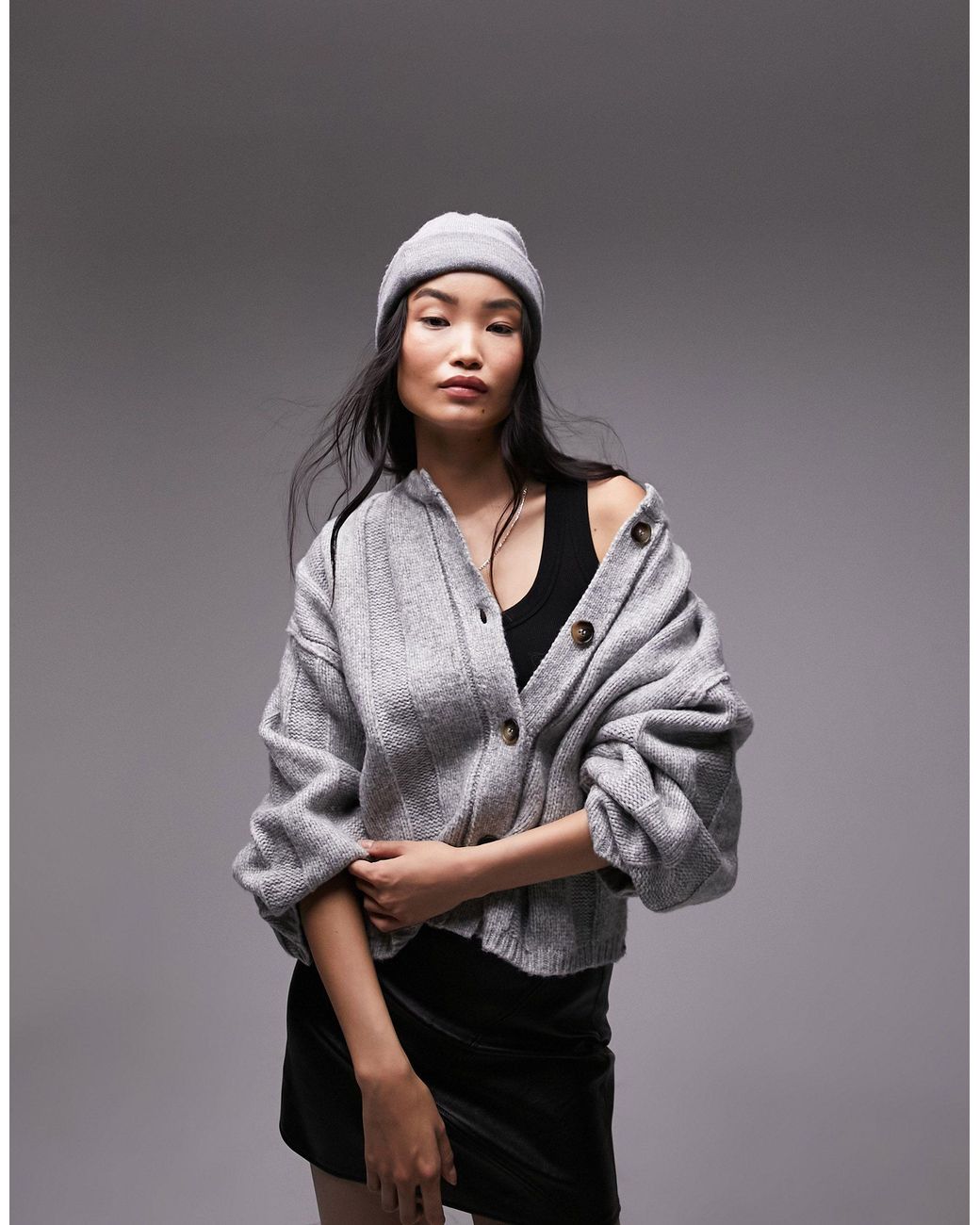 Topshop Premium Knit Wide Rib Crew Neck Cardigan In Gray Lyst