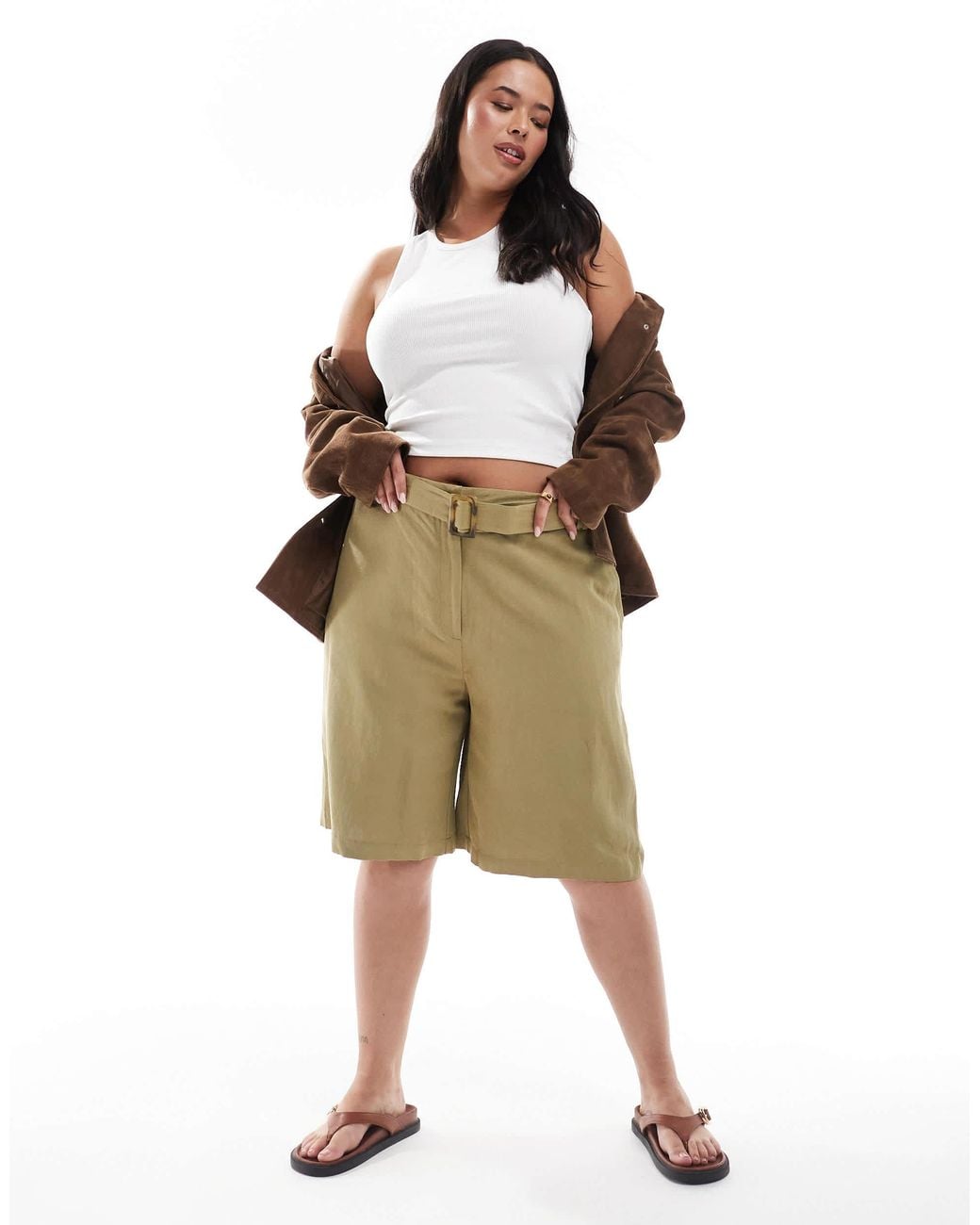 ASOS Curve Tailored Longline Belted City Shorts With Linen in Green | Lyst
