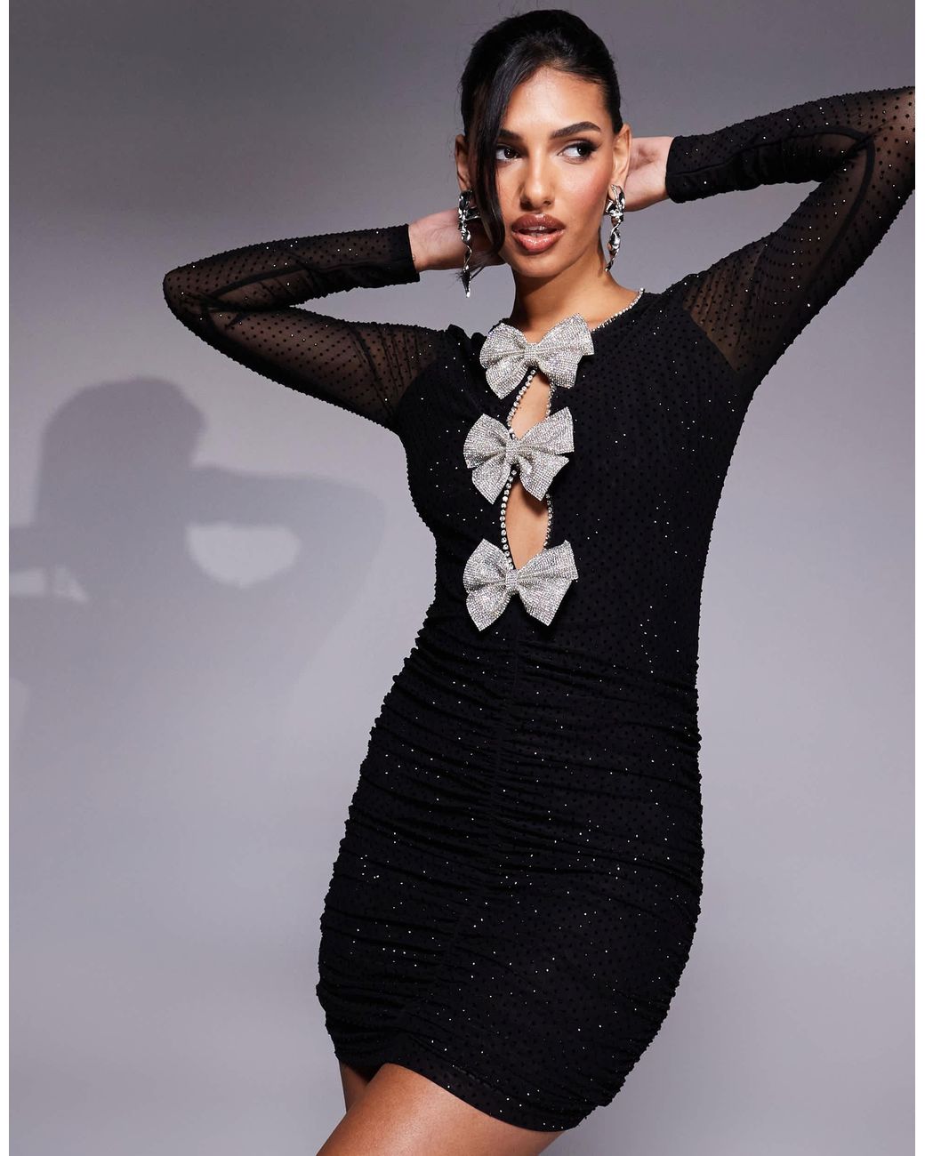 Lavish Alice Rhinestone Embellished Mesh Mini Dress in Black | Lyst