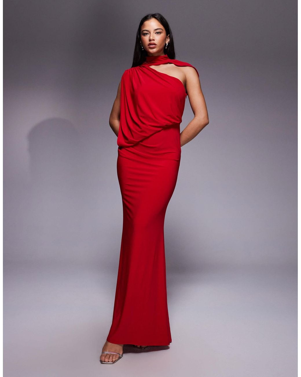 ASOS One Shoulder Drape Maxi Dress With Cape Detail in Red | Lyst