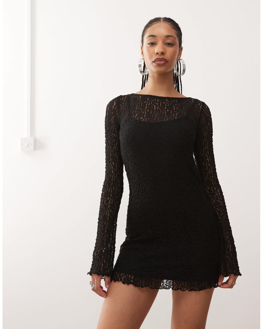 Monki Long Sleeve Lace Mini Dress in Black | Lyst