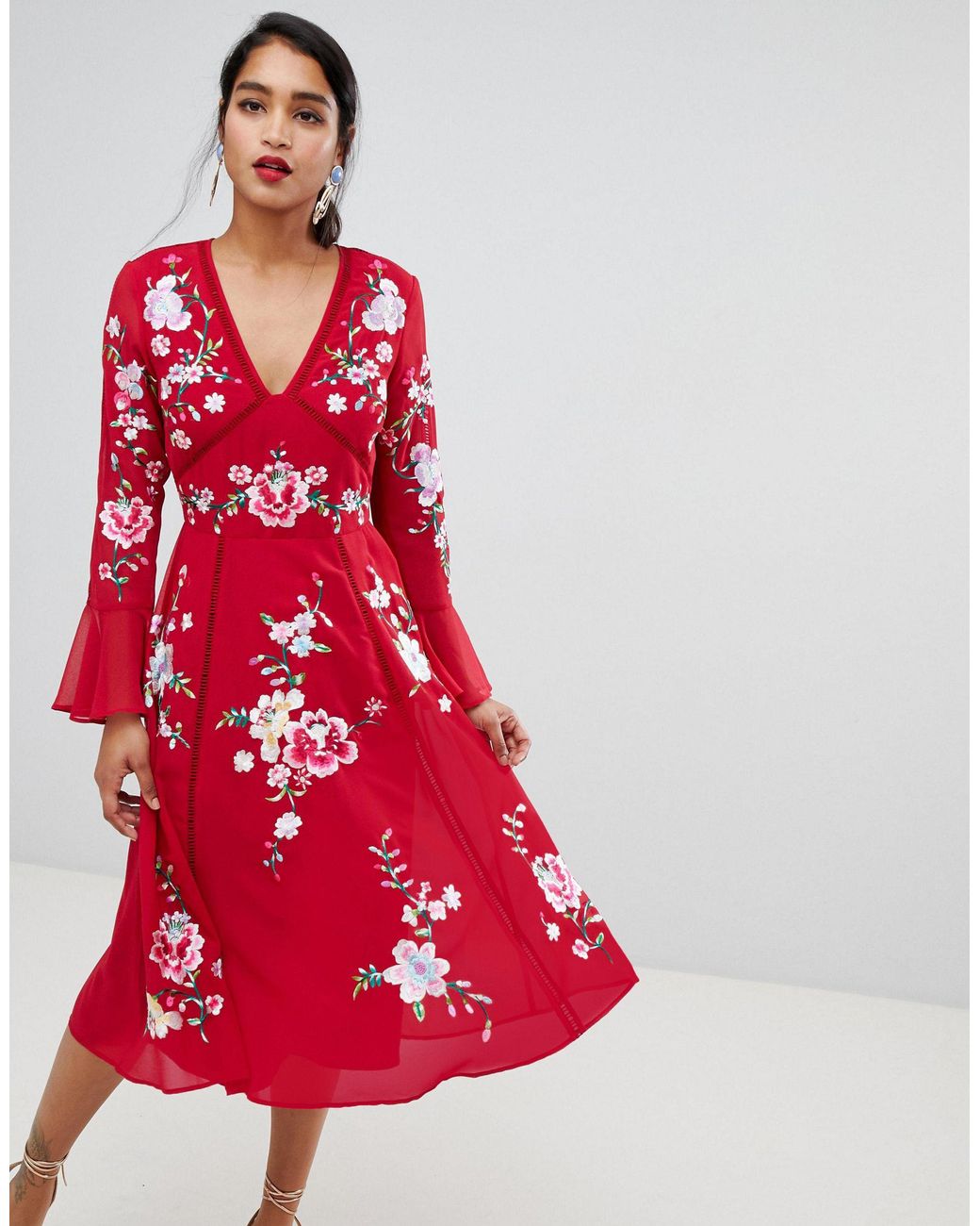 Asos Embroidered Midi Dress With Lace Trims Lyst