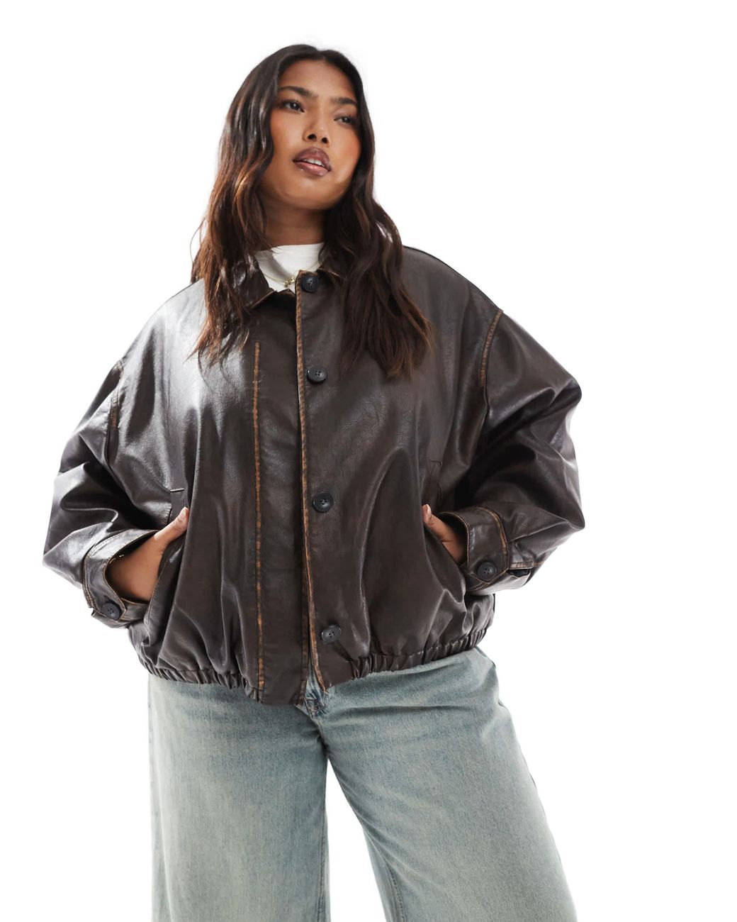 ASOS Asos Design Curve Vintage Wash Leather Look Bomber Jacket in Black ...