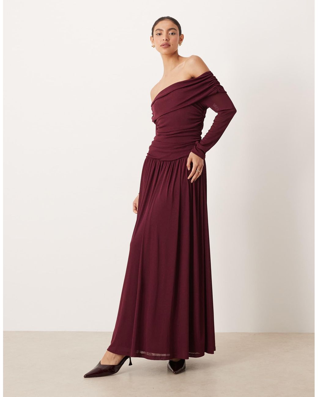 ASOS Bardot Ruched Dropped Hem Midi Dress in Purple | Lyst