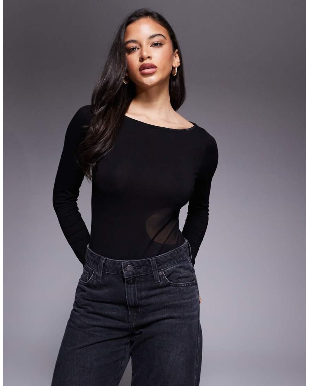 ASOS Long Sleeve Bodysuit With Mesh Panel in Blue | Lyst UK
