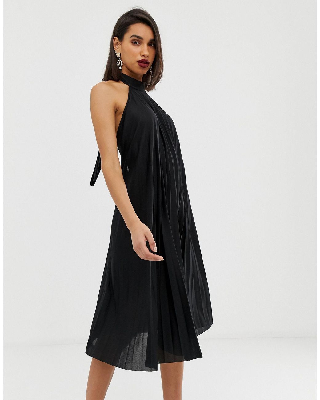 Asos Backless Halter Pleated Midi Dress Black Lyst