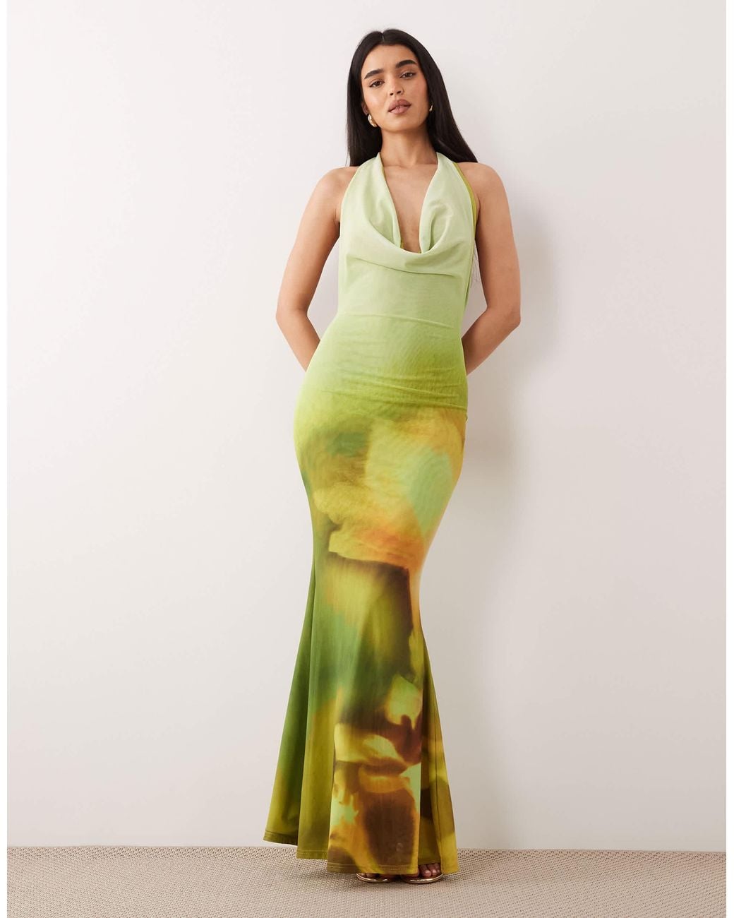 Murci Mesh Cowl Halterneck Low Back Fishtail Maxi Dress in Green | Lyst