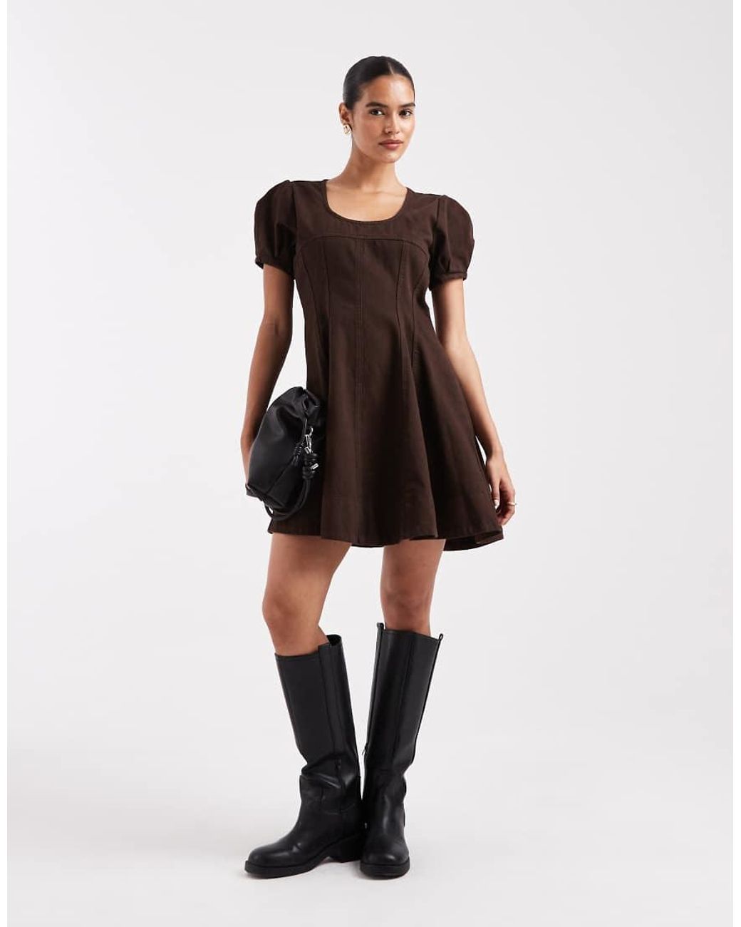 ASOS Denim Seamed Mini Dress in Brown | Lyst UK