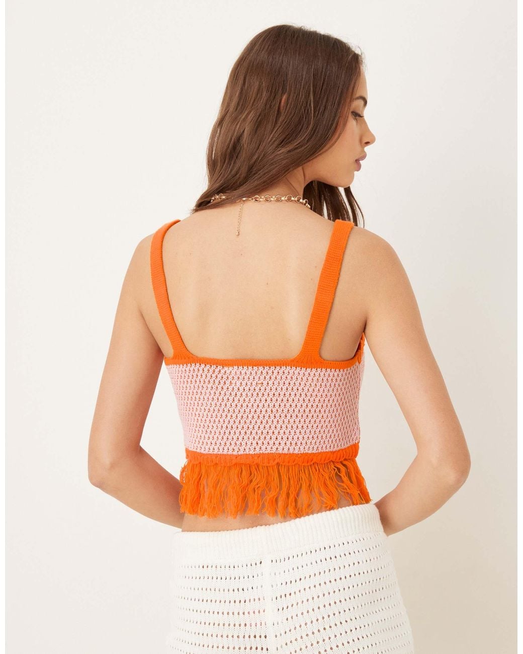 ASOS Cami Vest With Floral Jacquard Pattern And Fringe Hem in Orange | Lyst