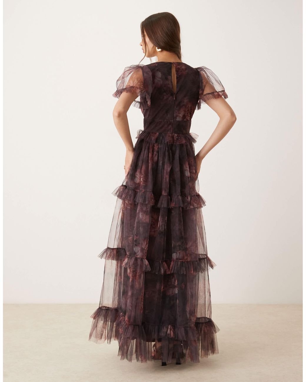LACE & BEADS Sheer Sleeve Ruffle Maxi Dress With Sheer Skirt in Brown ...
