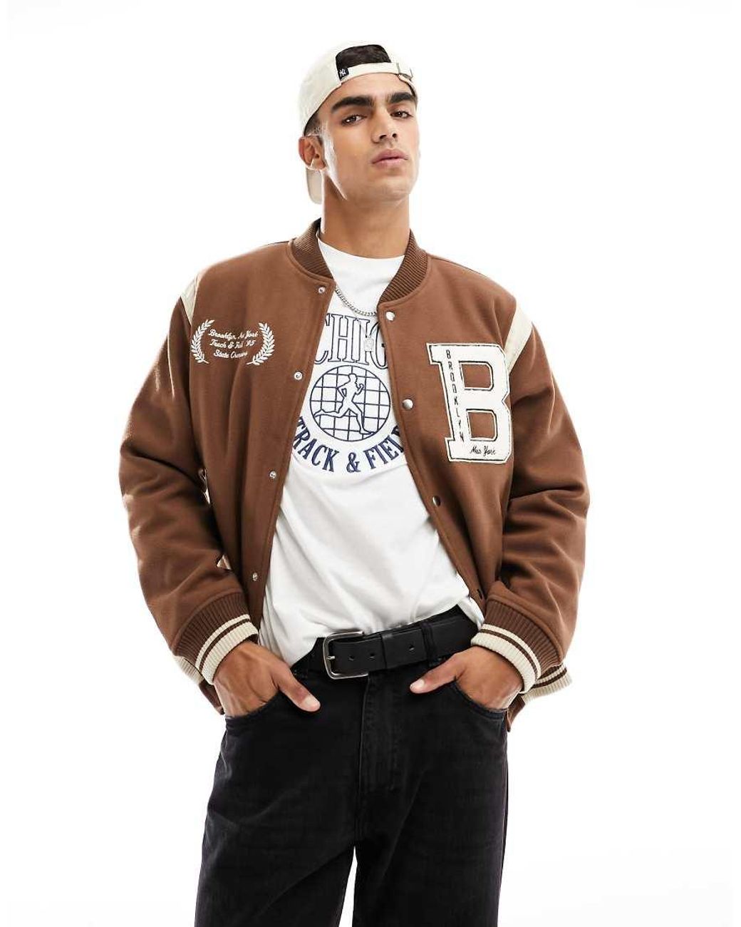 Abercrombie & Fitch Badge Logo Varsity Bomber Jacket in Brown for Men ...
