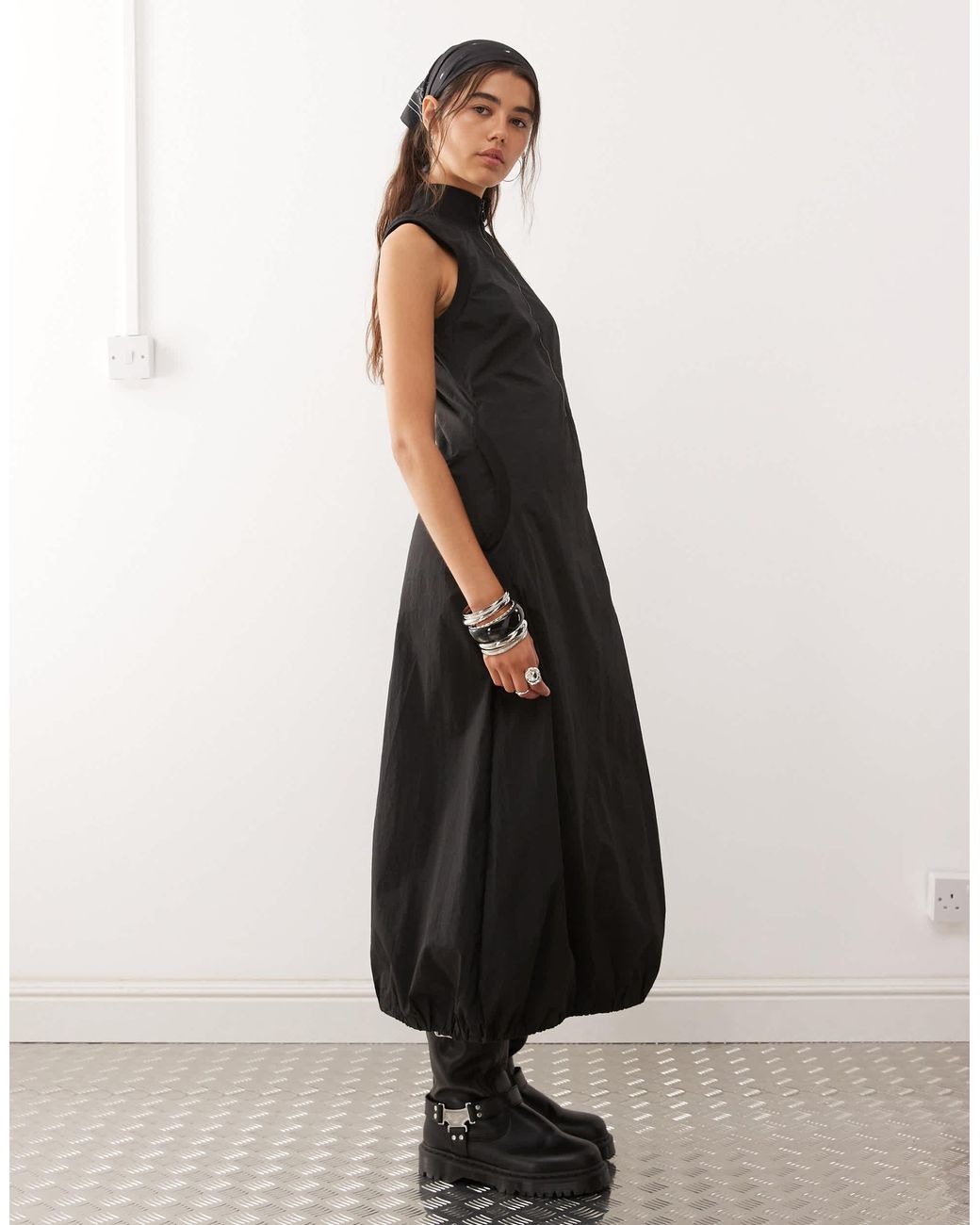 Collusion High Neck Tech Midi Dress in Black | Lyst