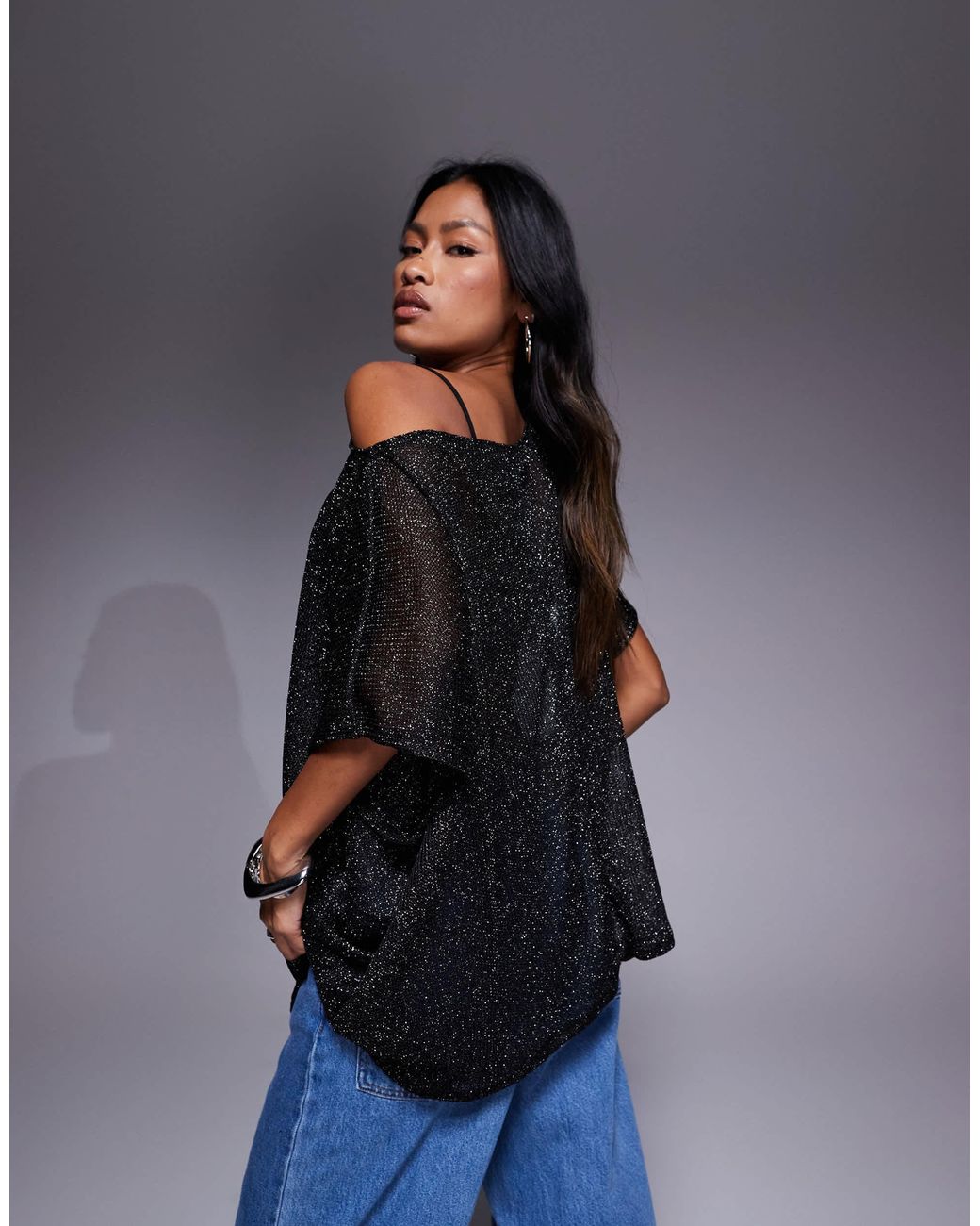 ASOS Sheer Metallic Oversized Slouchy Off Shoulder Cape Top in Blue | Lyst