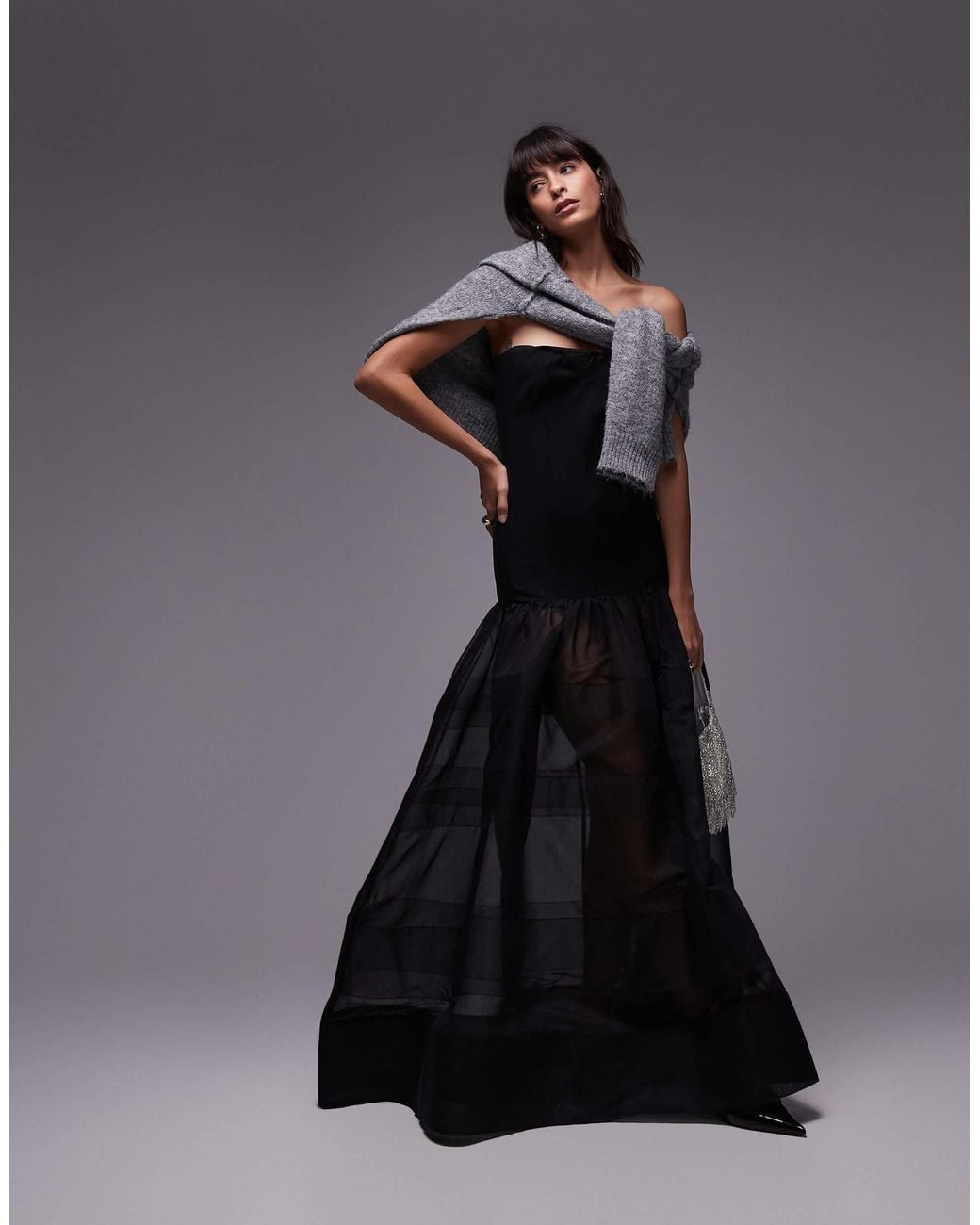 Mango Capsule Bandeau Maxi Dress With Sheer Layered Skirt in Black | Lyst