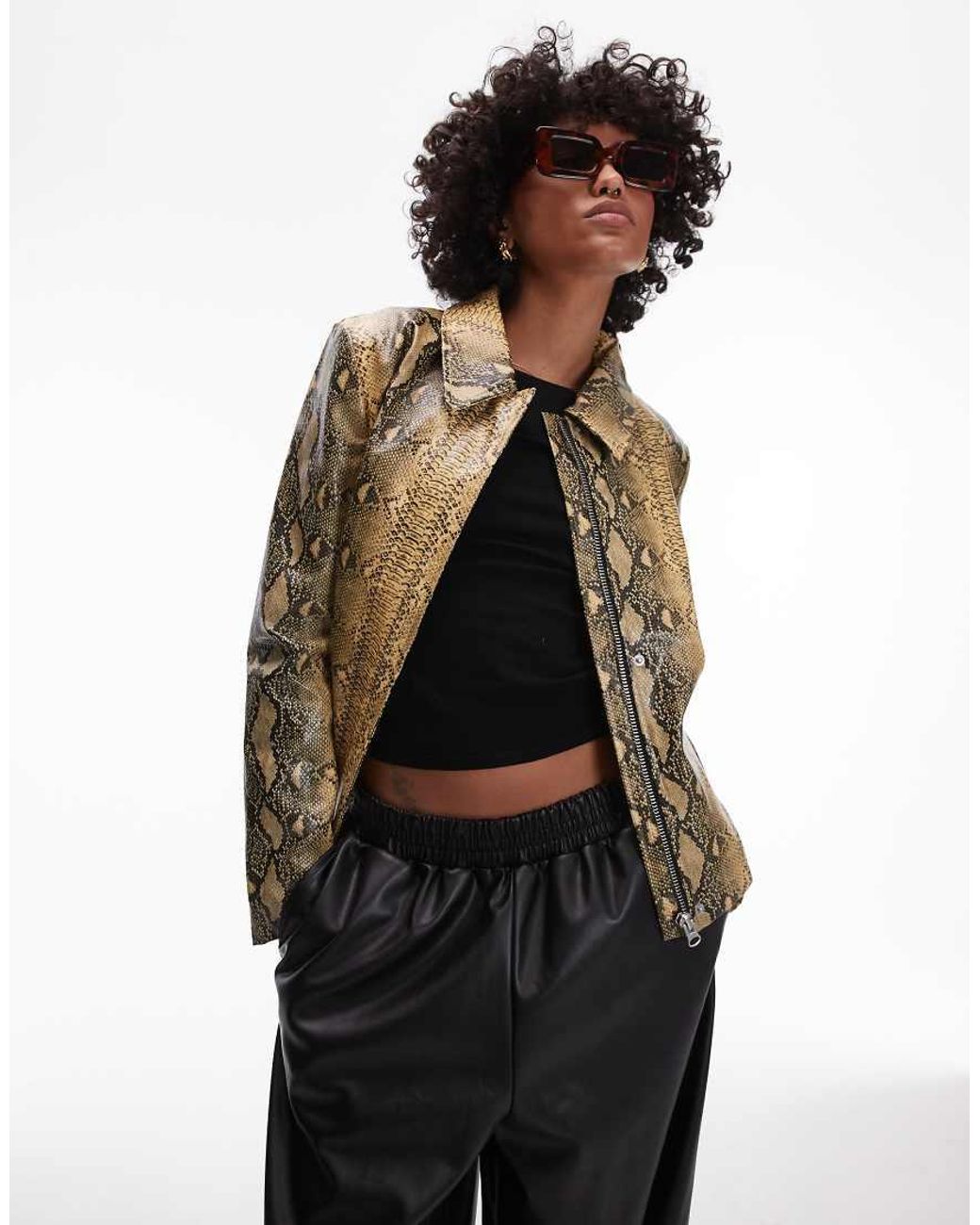 TOPSHOP Faux Leather Snake Jacket With Center Front Zip in Black | Lyst UK