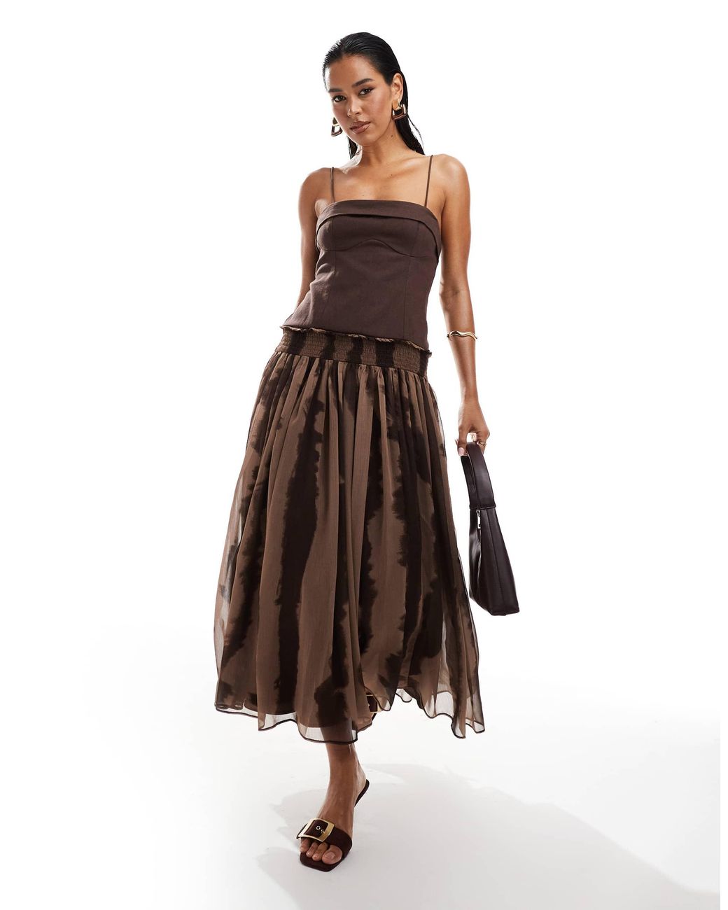 ASOS Dropped Waist Cami Midi Dress in Brown | Lyst