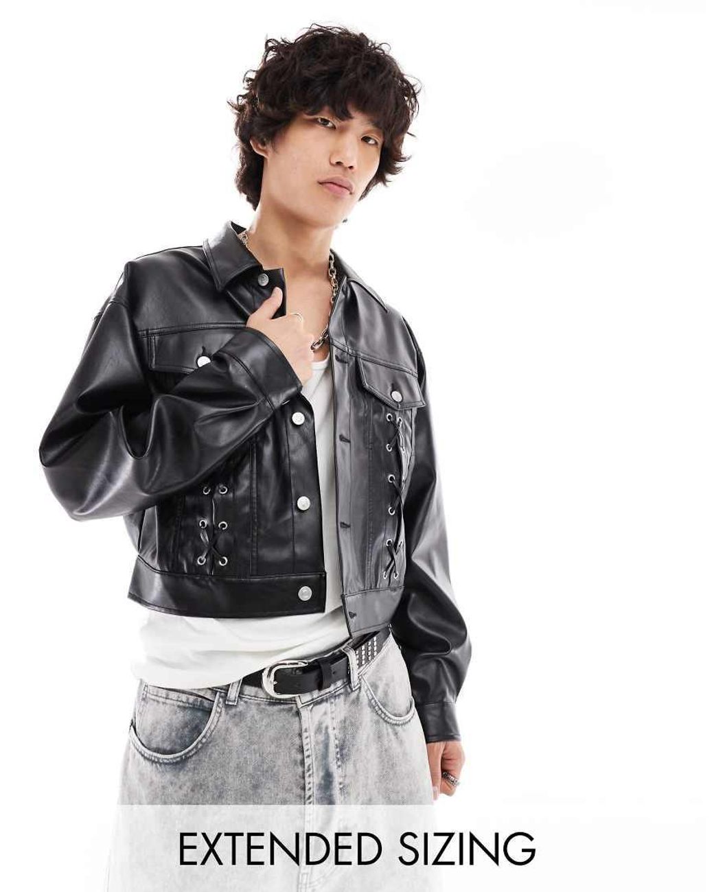 ASOS Oversized Cropped Leather Look Jacket With Lace Up Details in Black for Men | Lyst UK