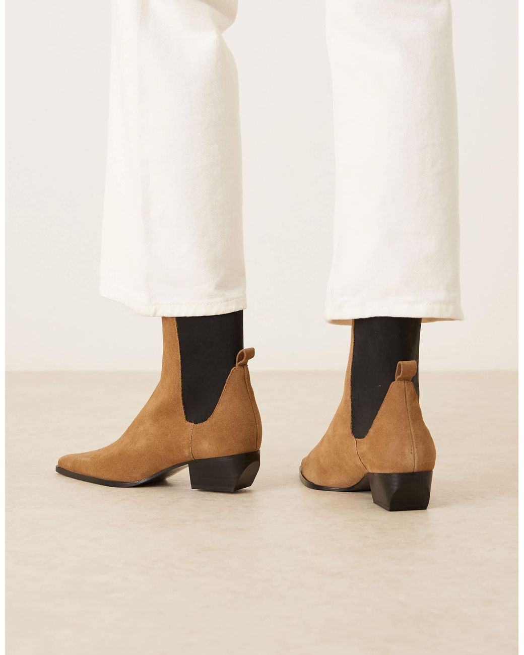 Mango Suede Square Toe Low Heeled Western Ankle Boot in Natural | Lyst