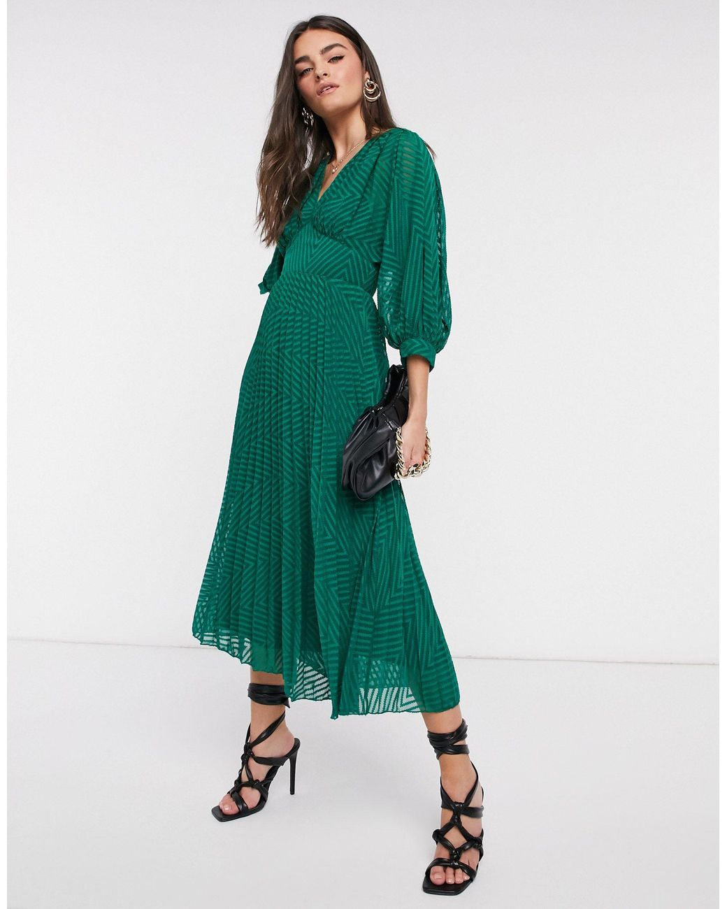 Asos Pleated Batwing Midi Dress In Green Lyst