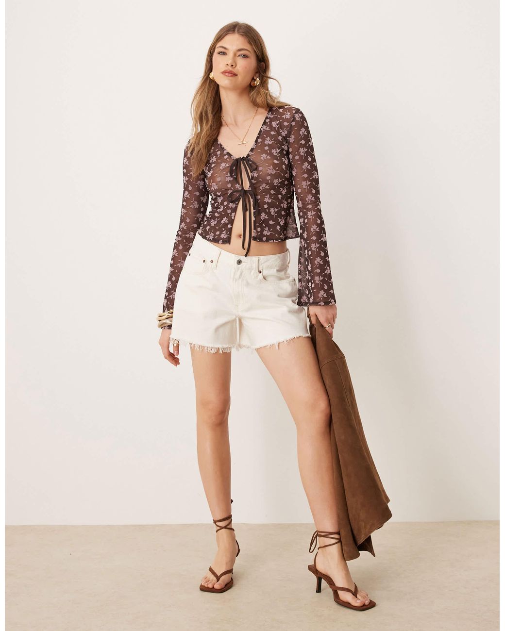 ASOS Floral Flocked Sheer Tie Front Top in Brown | Lyst