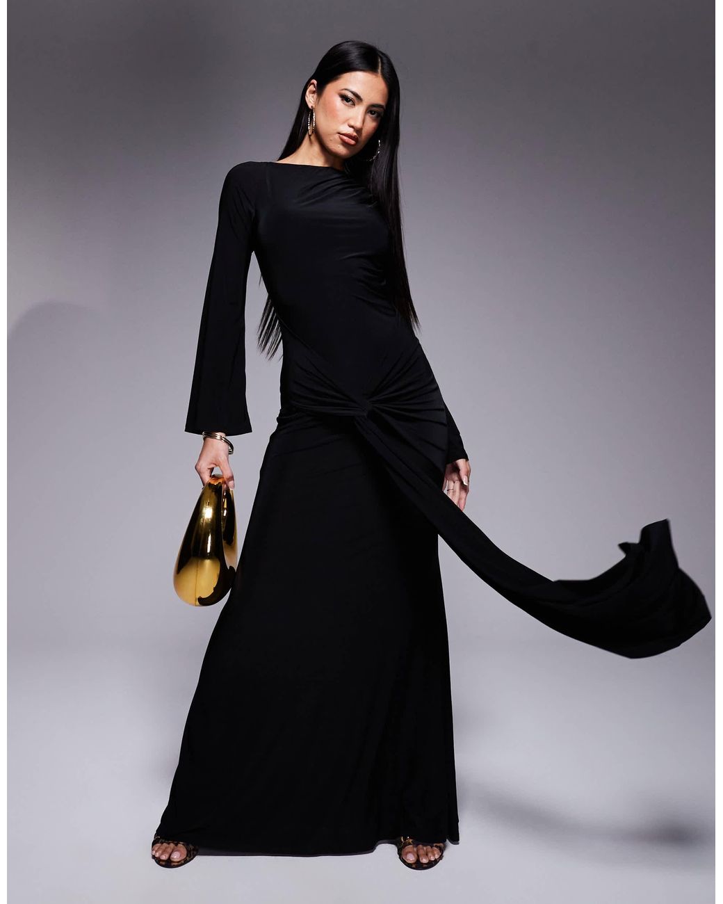 ASOS Long Sleeve Asymmetric Neckline Maxi Dress With Front Tie Sash in ...