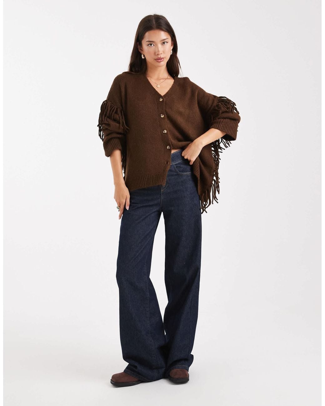 ASOS Fringe Detail Boyfriend Cardigan in Brown | Lyst