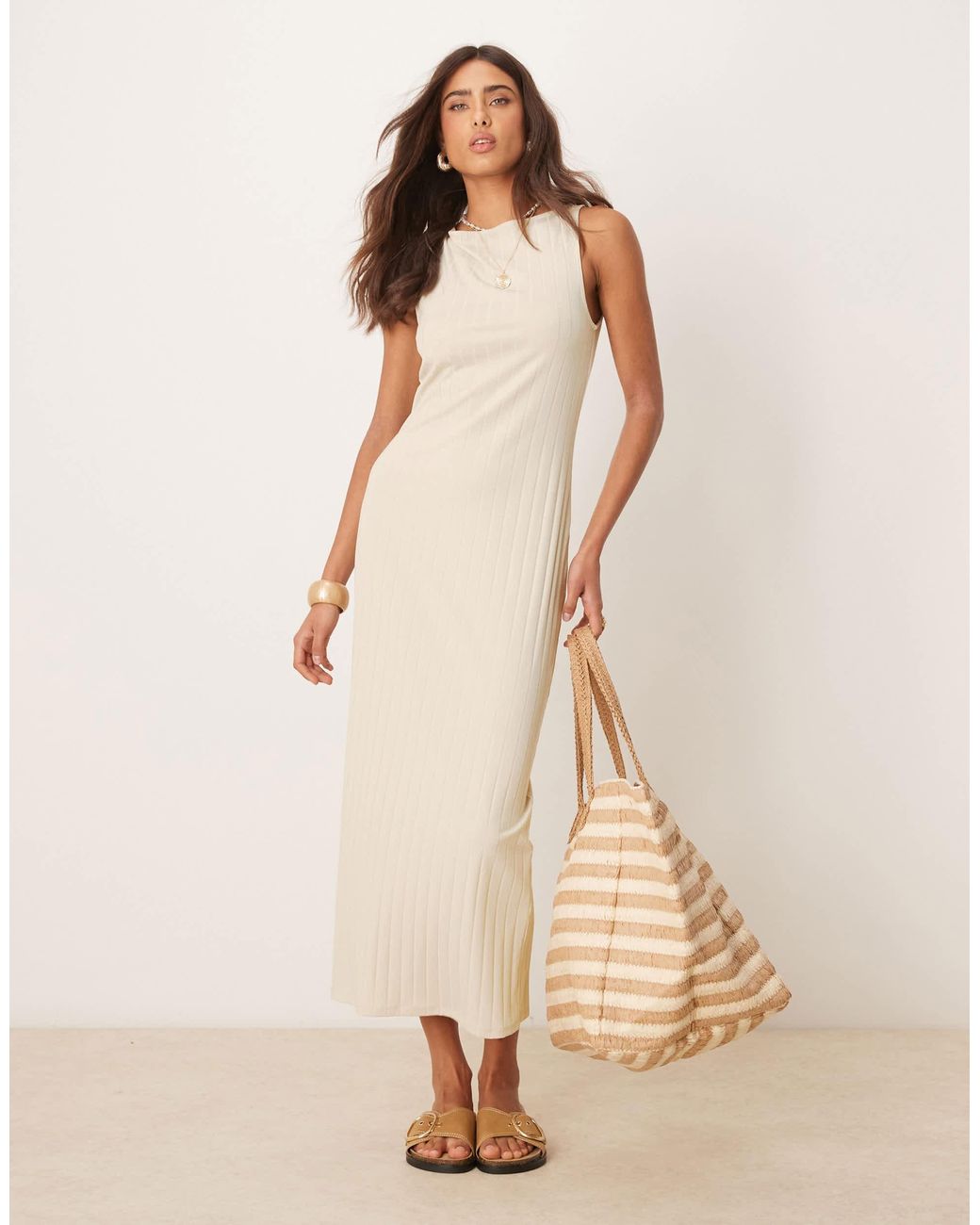 ASOS Wide Rib Sleeveless Boat Neck Midi Dress in Natural | Lyst