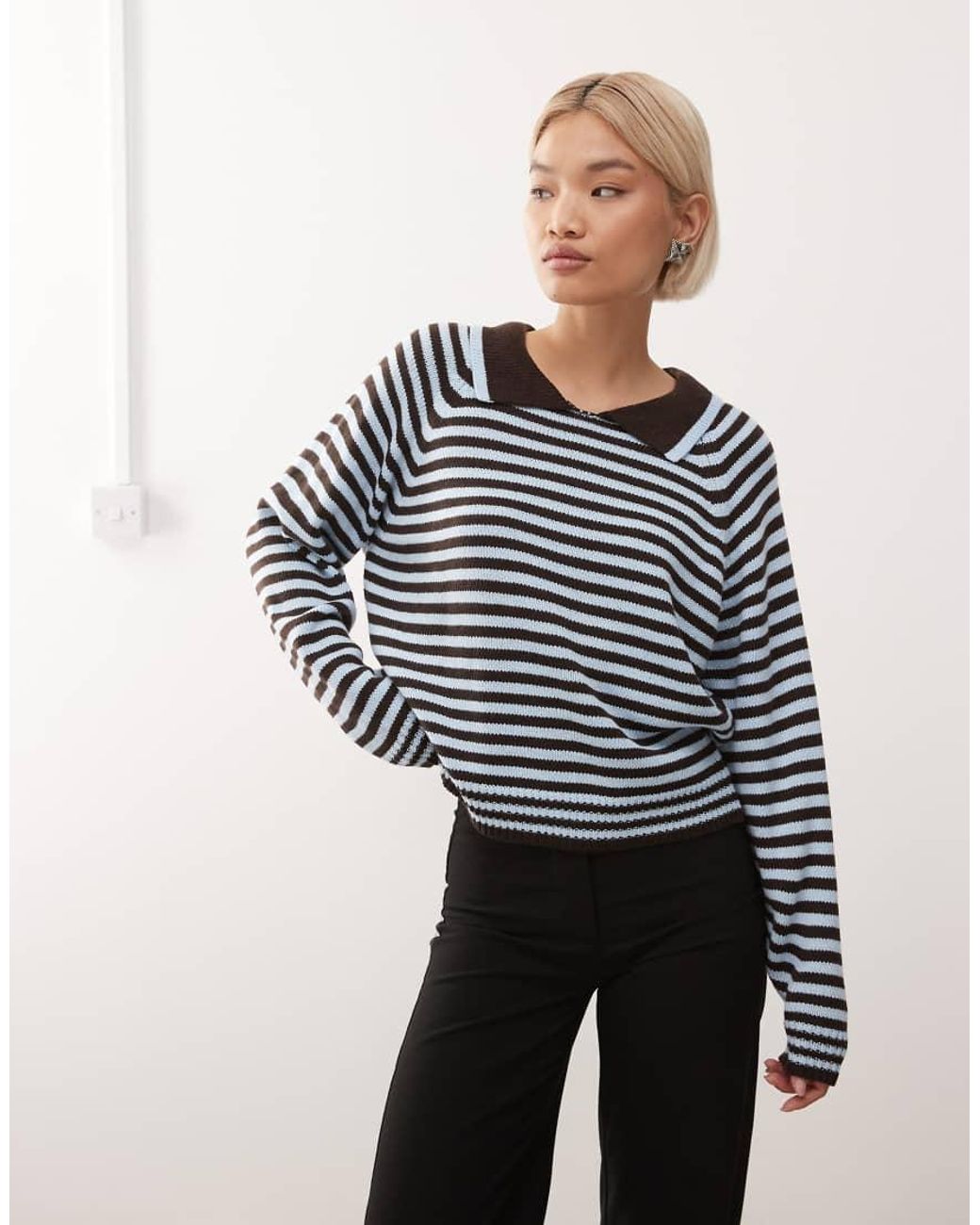 Collusion Stripe Polo Knit Jumper With Back Graphic in Brown | Lyst UK