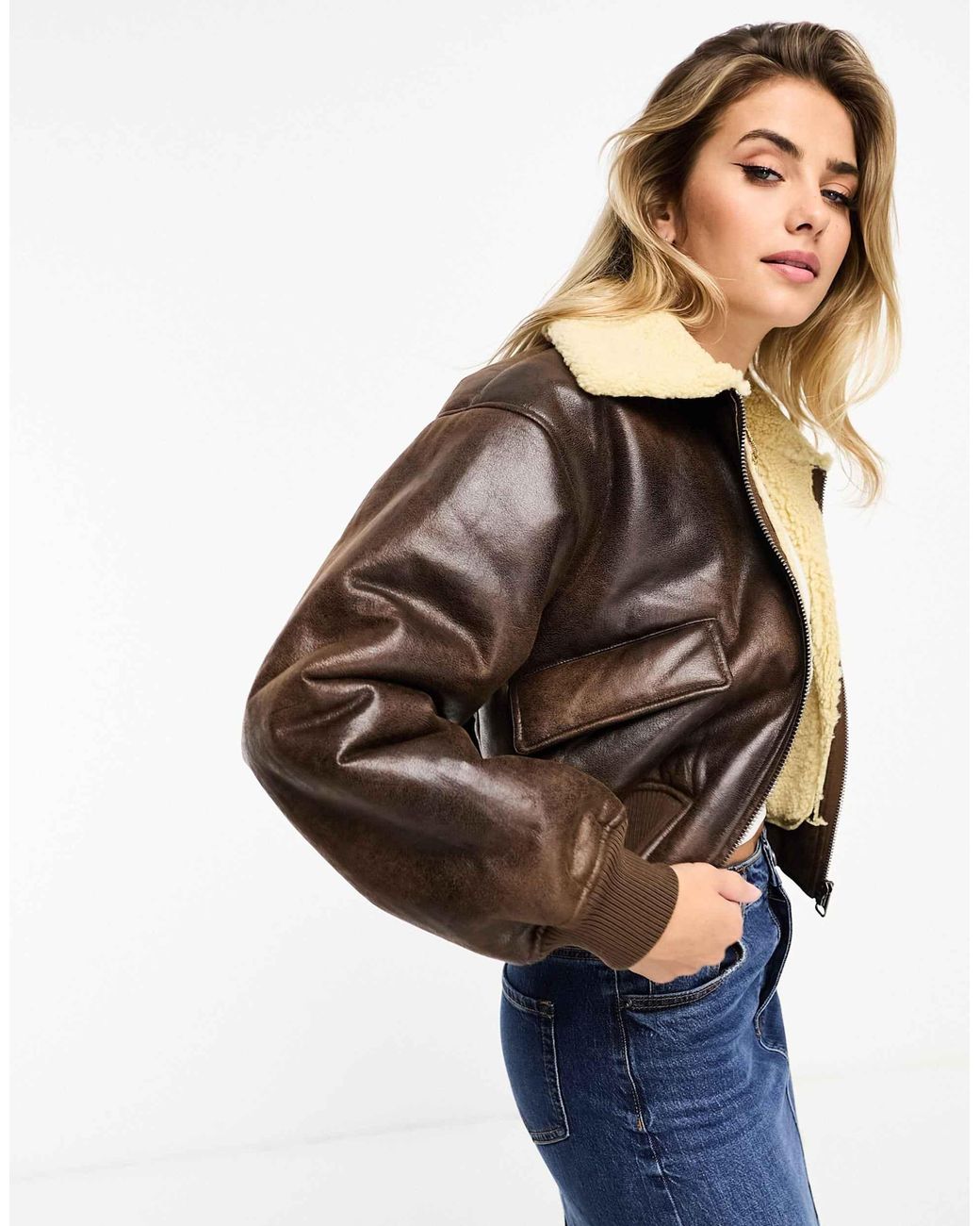 Pull&Bear Borg Trim Cropped Faux Leather Bomber Jacket in Brown | Lyst