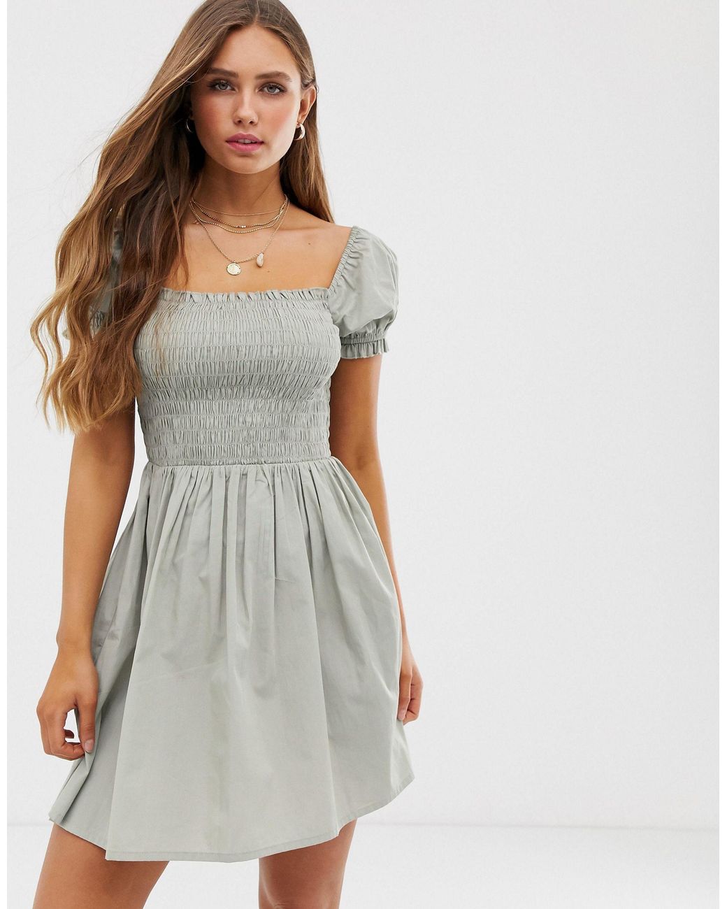 Asos Shirred Bodice Square Neck Cotton Mini Smock Dress Lyst