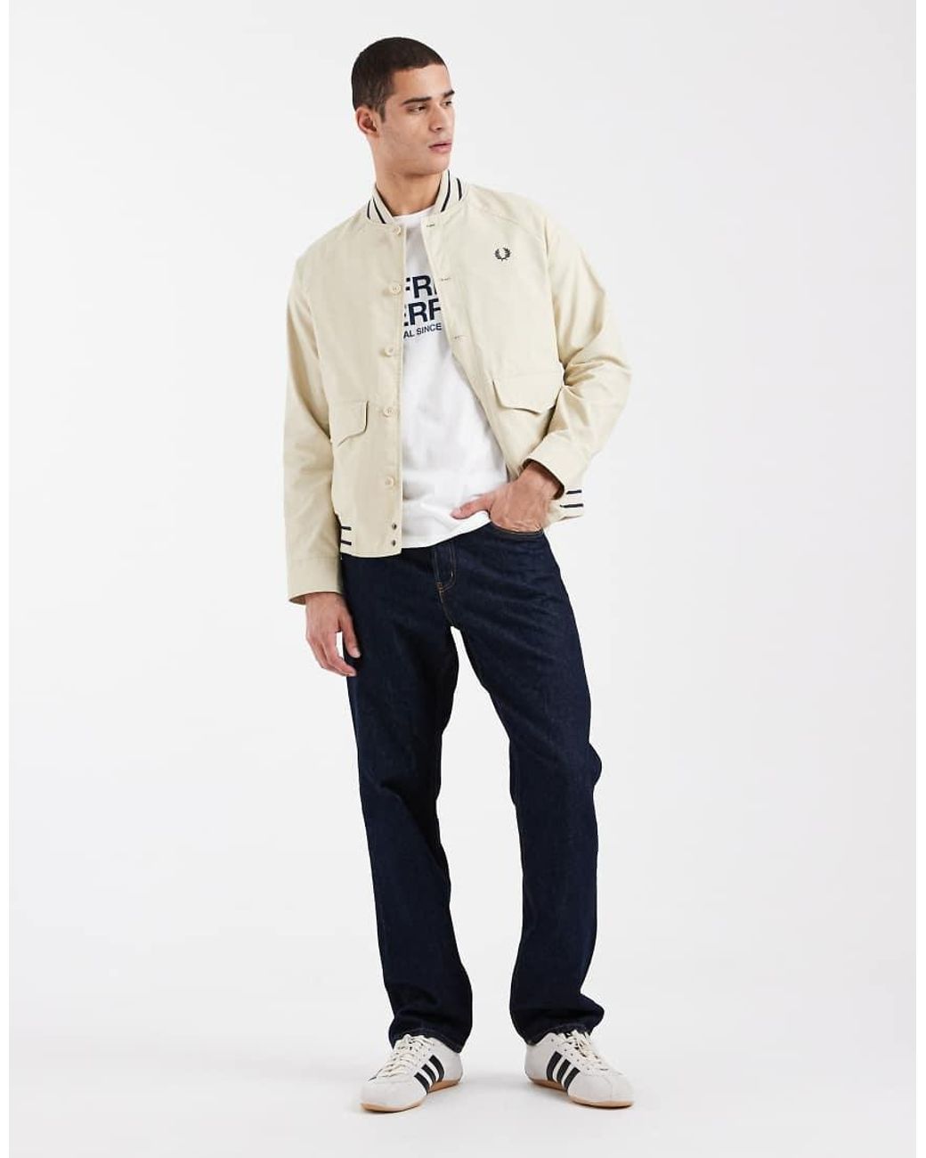 Fred Perry Umpire Tipped Collar Logo Bomber Jacket in Natural for Men ...