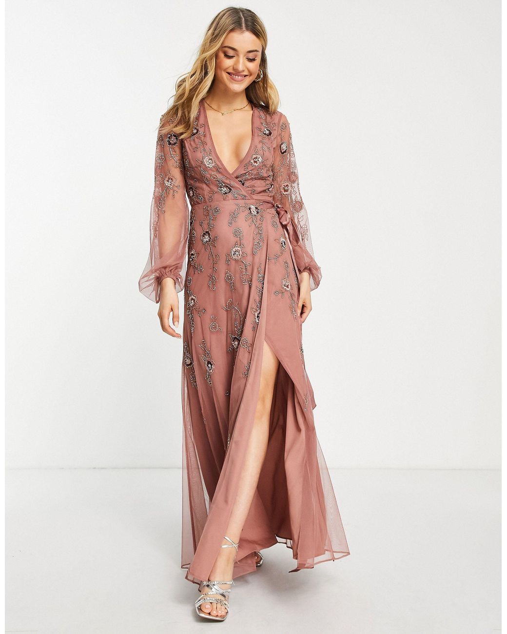 ASOS Floral Embellished Wrap Maxi Dress With Blouson Sleeve And Ribbon ...