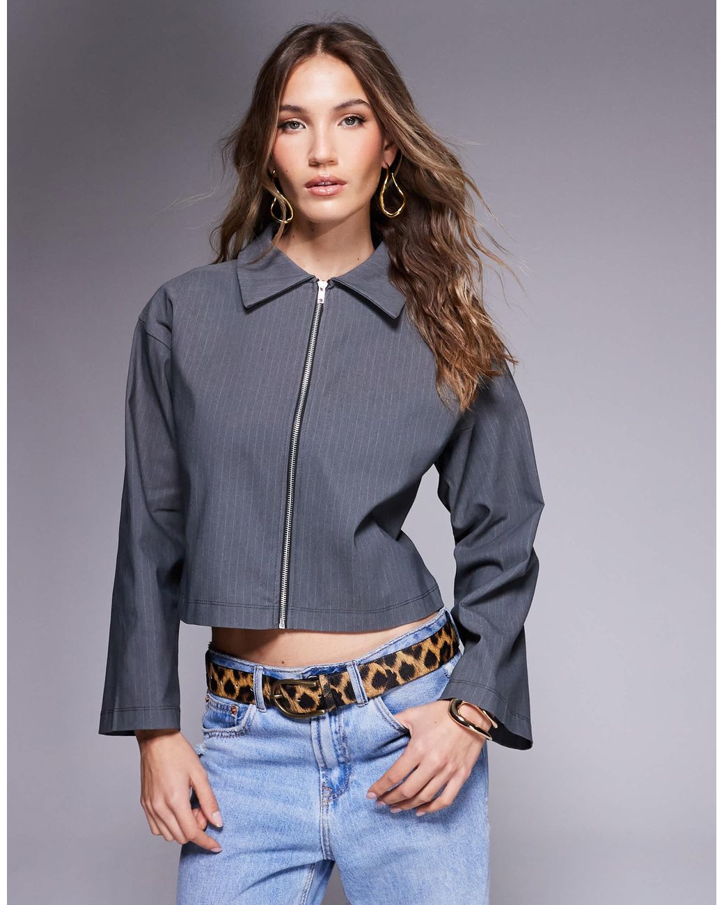 ASOS Zip Through Bengaline Long Sleeve Top in Gray | Lyst