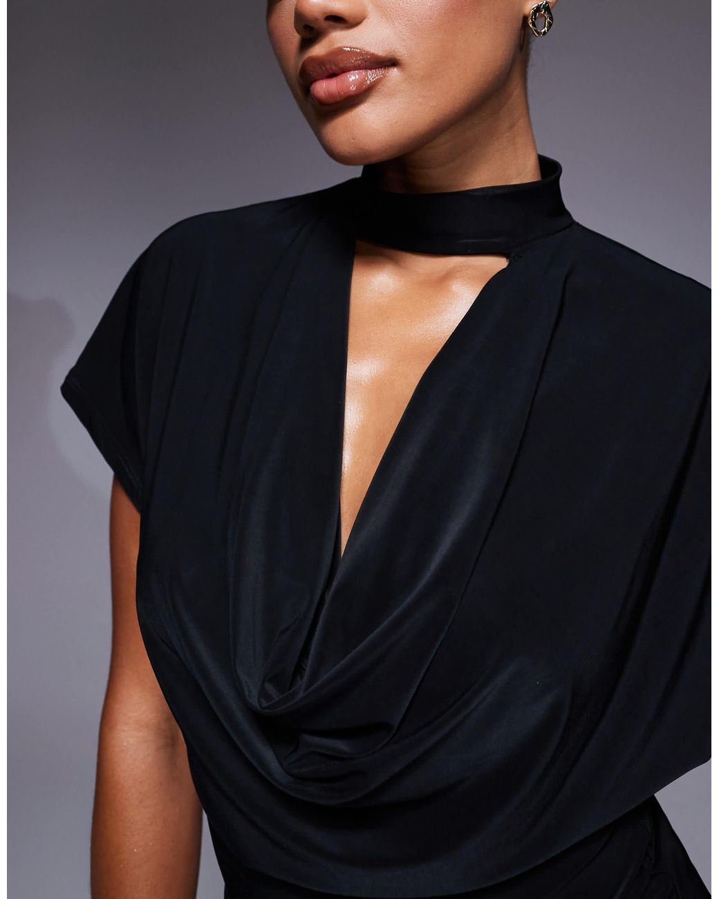 ASOS Slinky Deep Cowl Neck Top in Gray | Lyst