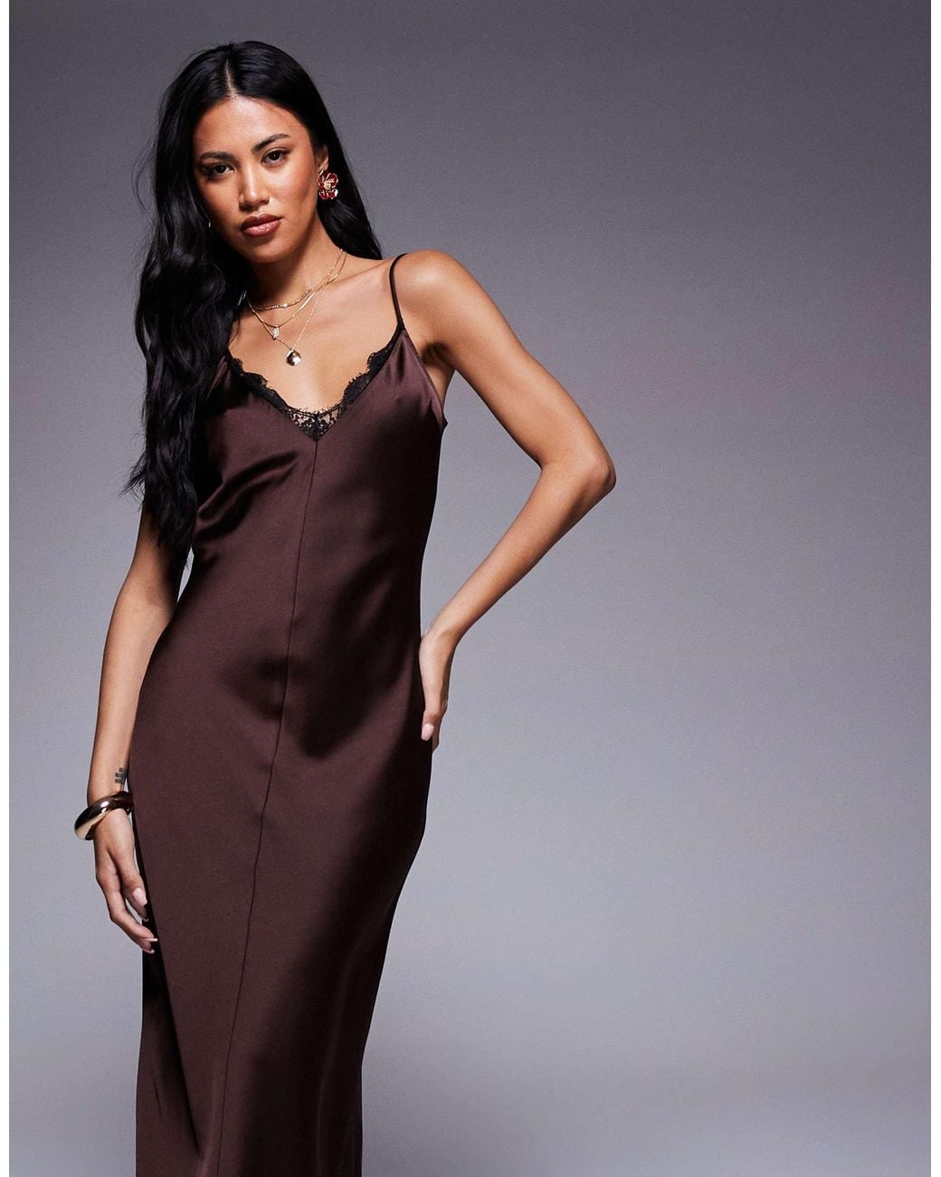 ASOS V Neck Lace Trim Satin Slip Maxi Dress in Purple | Lyst