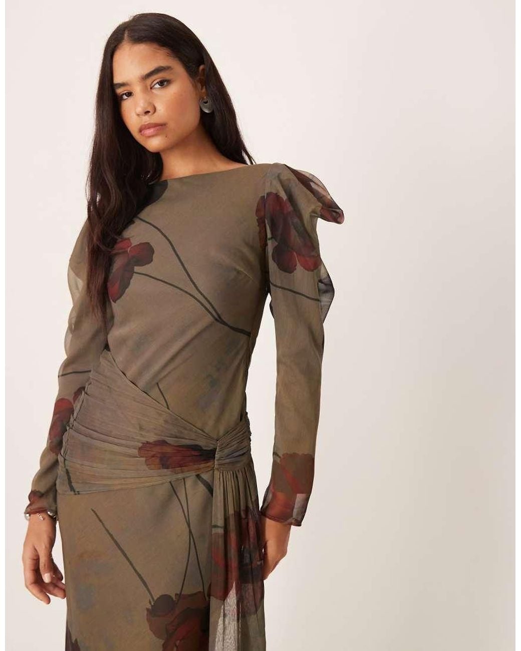 ASOS Drape Shoulder Maxi Dress in Natural | Lyst UK