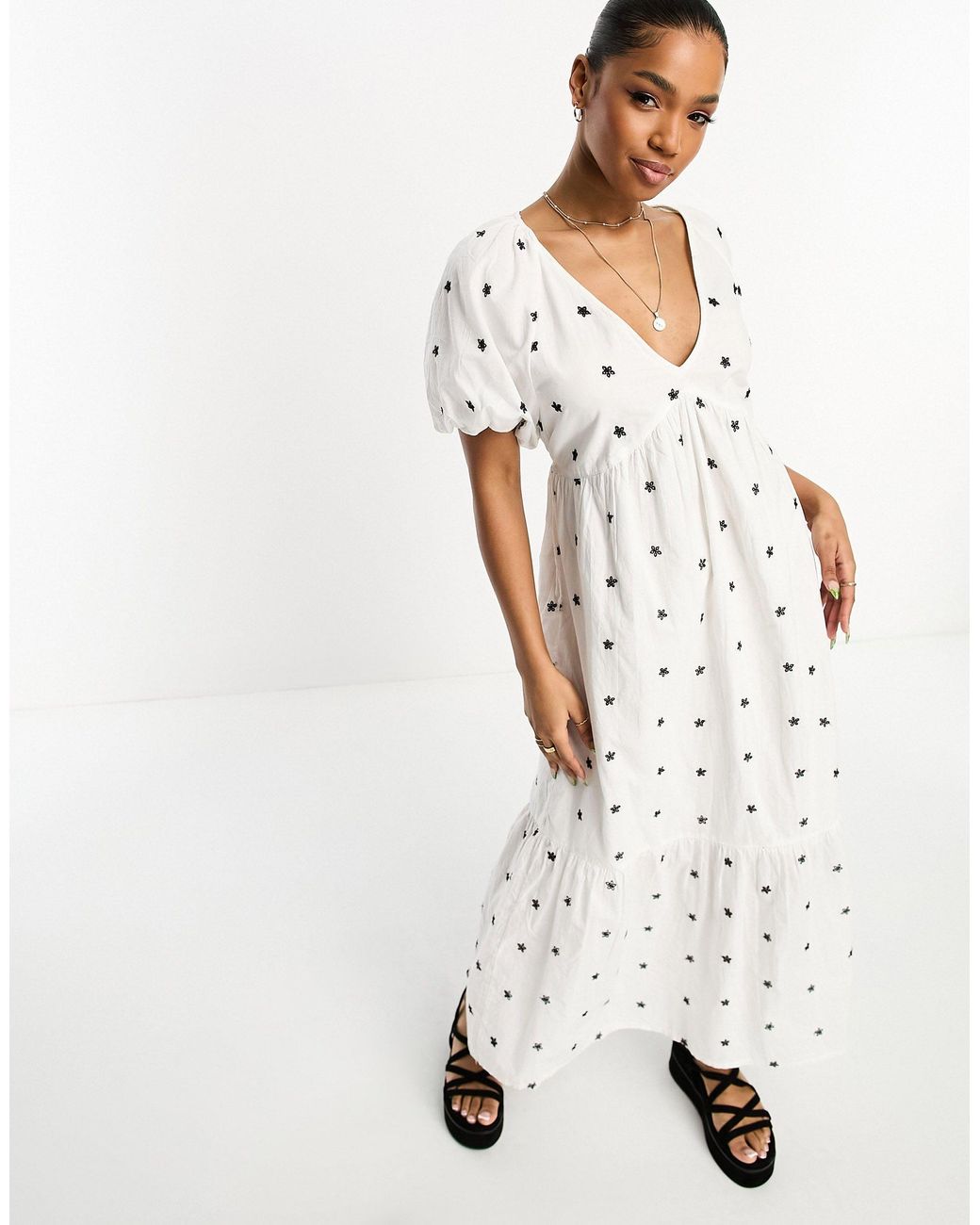 New Look V Neck Puff Sleeve Midi Dress In White Lyst Uk