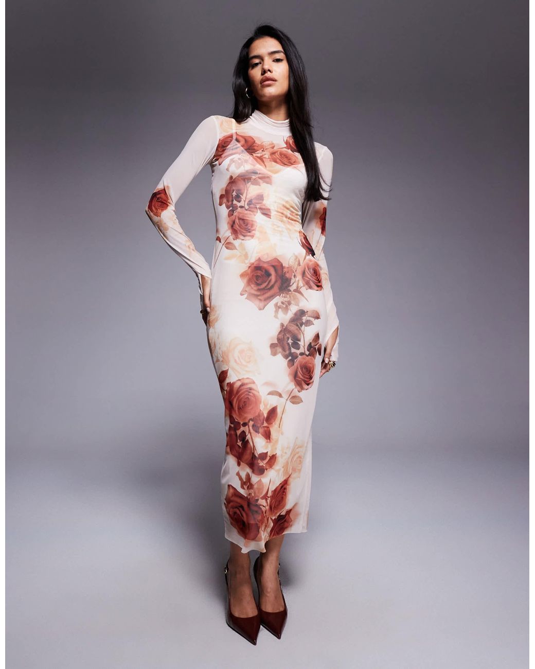 AFRM Mesh Roll Neck Long Sleeve Midaxi Dress in Pink | Lyst