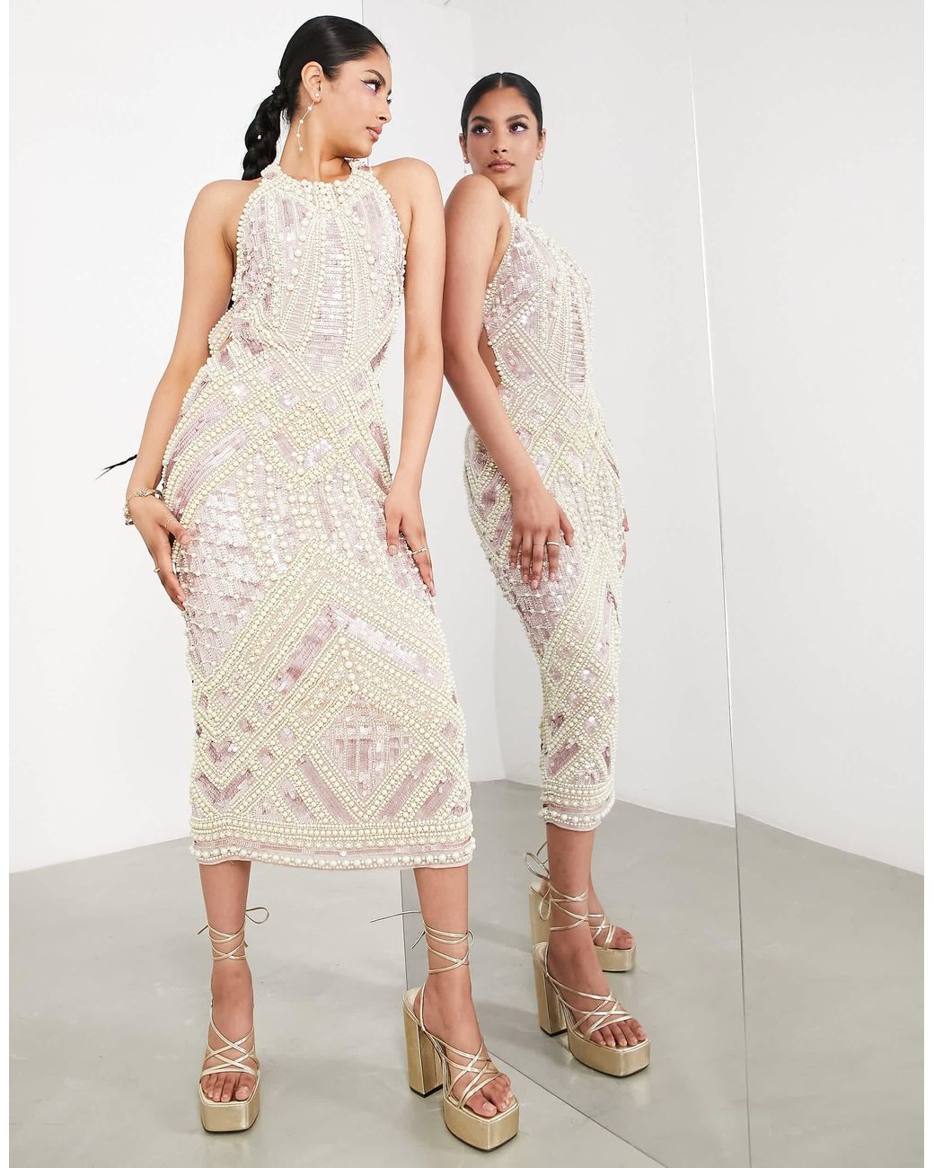 ASOS Pearl And Sequin Embellished Halter Midi Dress in White | Lyst